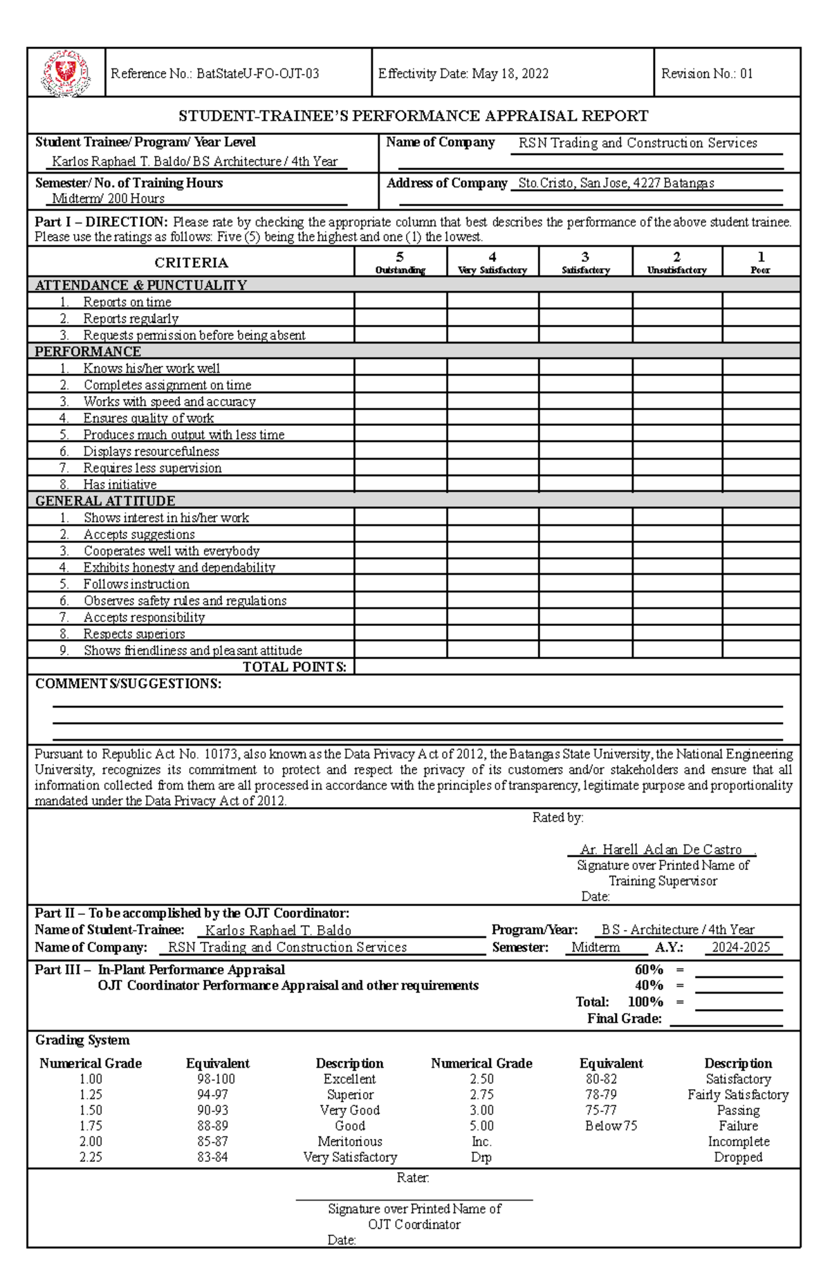 Karlos Raphael T. BS Arch 4th Year OJT Performance Appraisal Report Rev ...