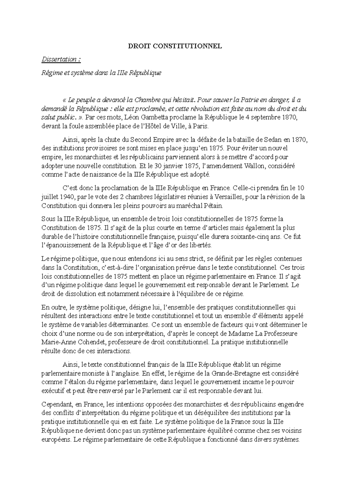 Dissertation en droit constitutionnel : Régime et système de la IIIe ...