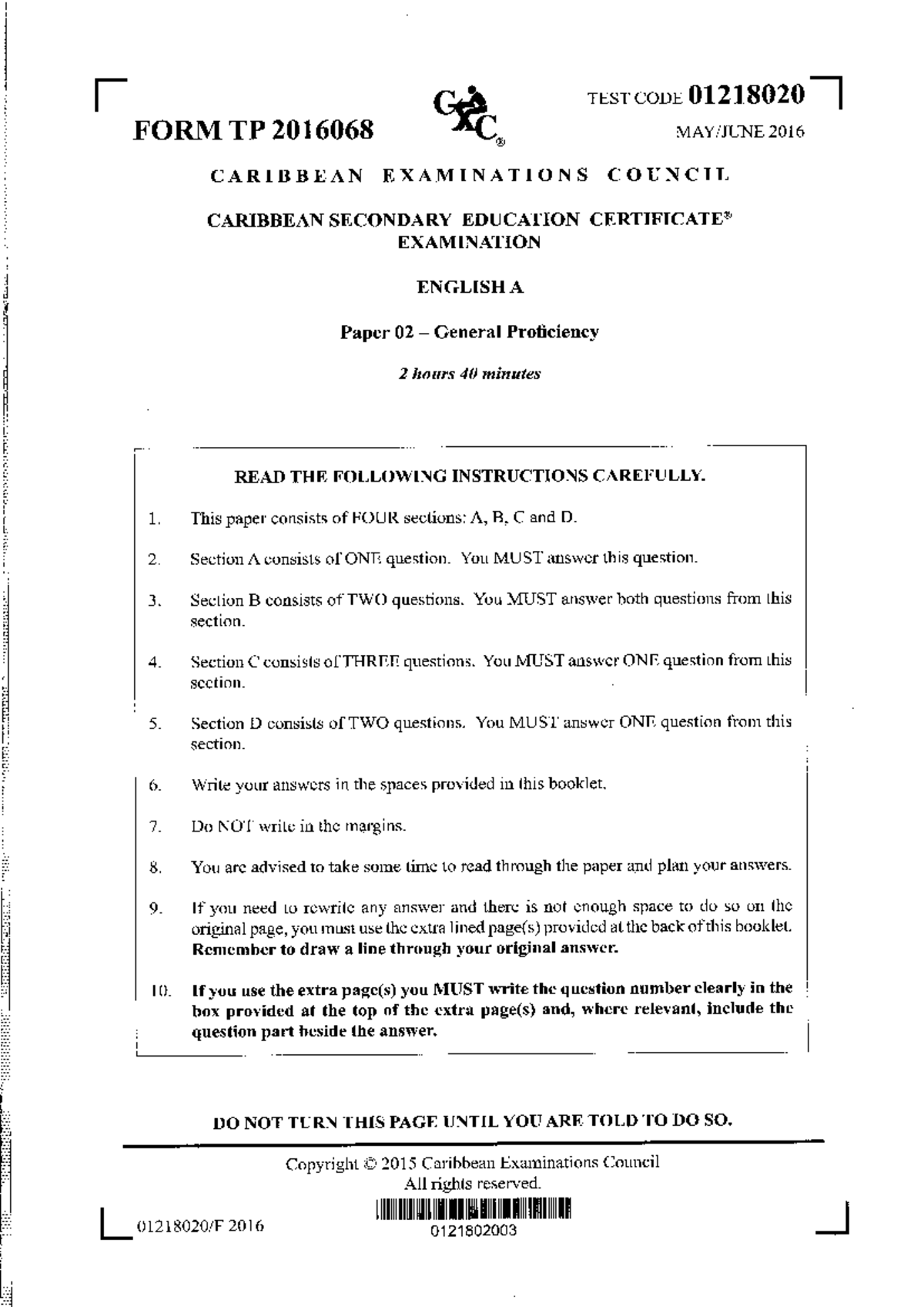 CSEC English A June 2016 Paper 02 Exam Instructions and Questions - Studocu