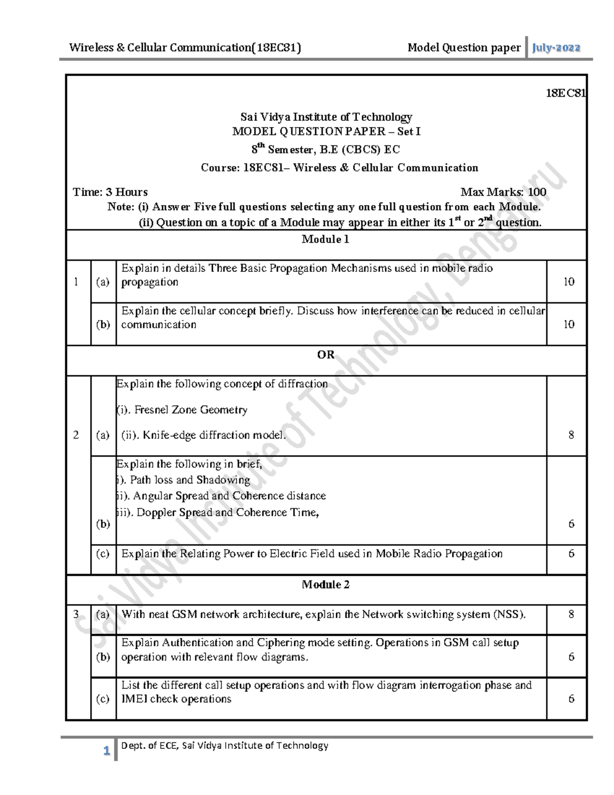 Model Questionpaper Paper 1 WCC 18EC81 - Wireless & Cellular ...