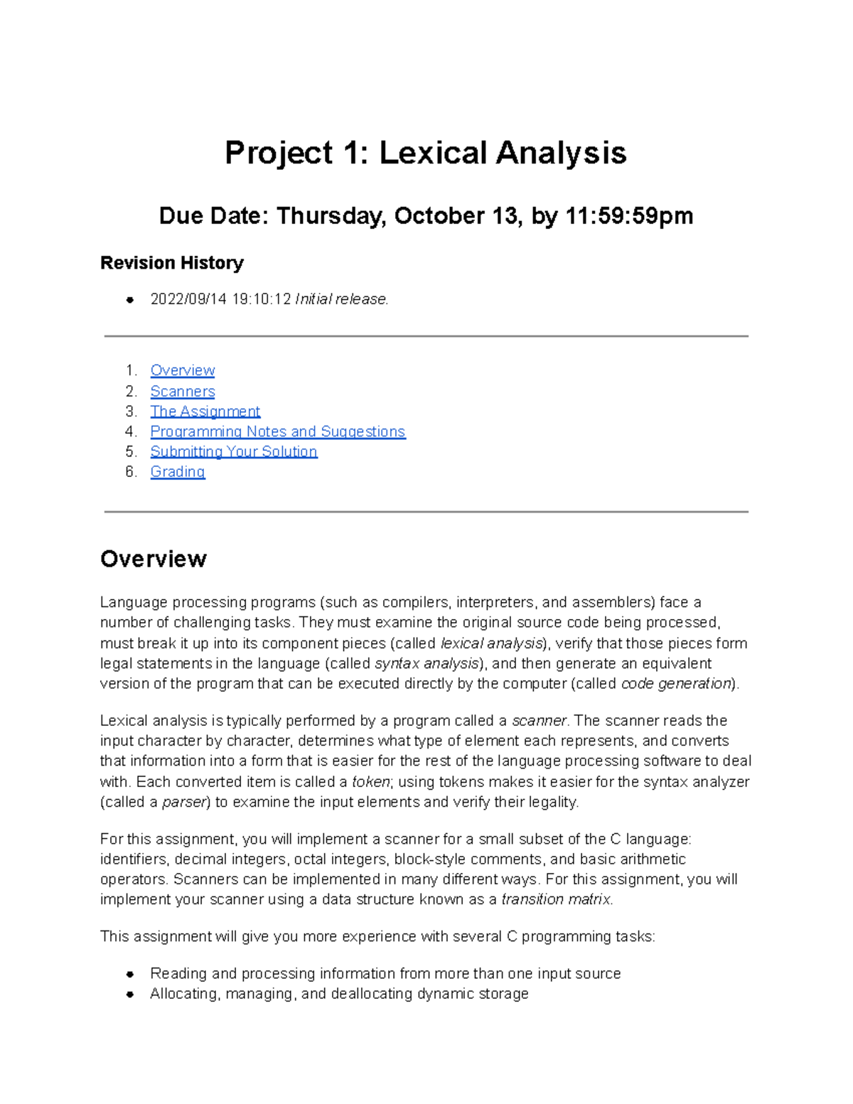 Project 1 Lexical Analysis - Project 1: Lexical Analysis Due Date: Thursday, October 13, by ...