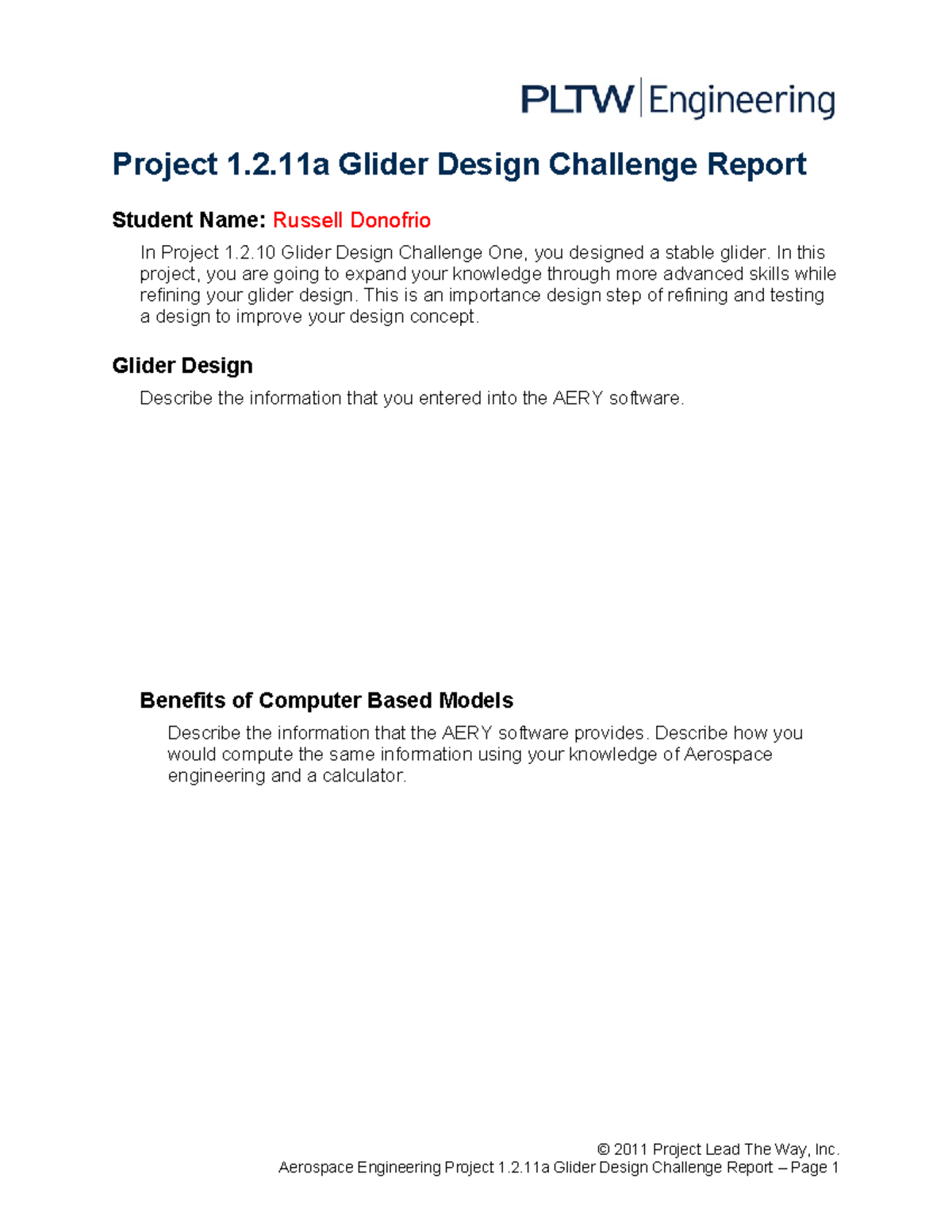 Aerospace Eng. Project 1.2.11a: Glider Design Challenge Report - Studocu