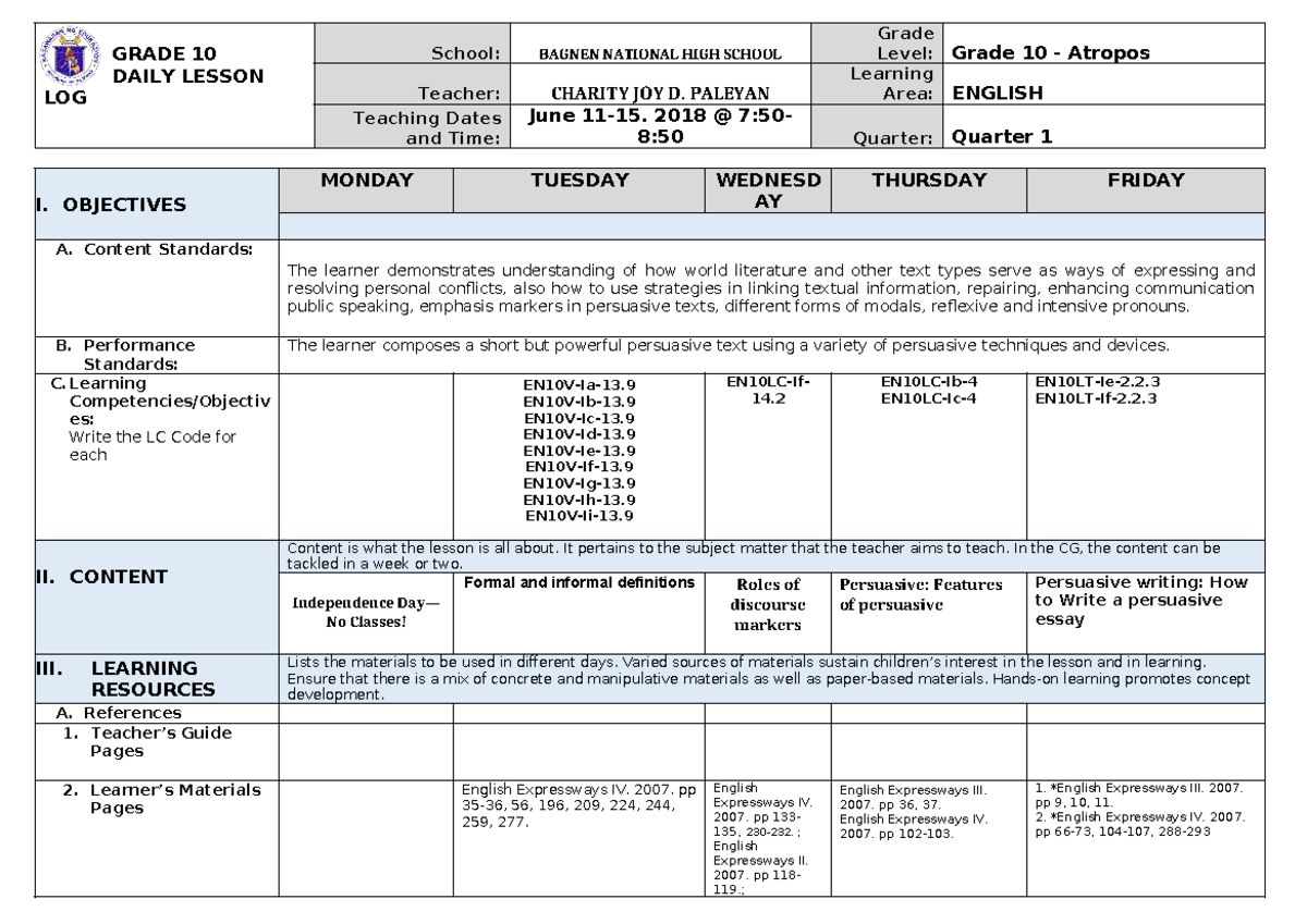 444075259 Grade 10 Week 4 Lesson Plan - Quarter 1 English - Studocu