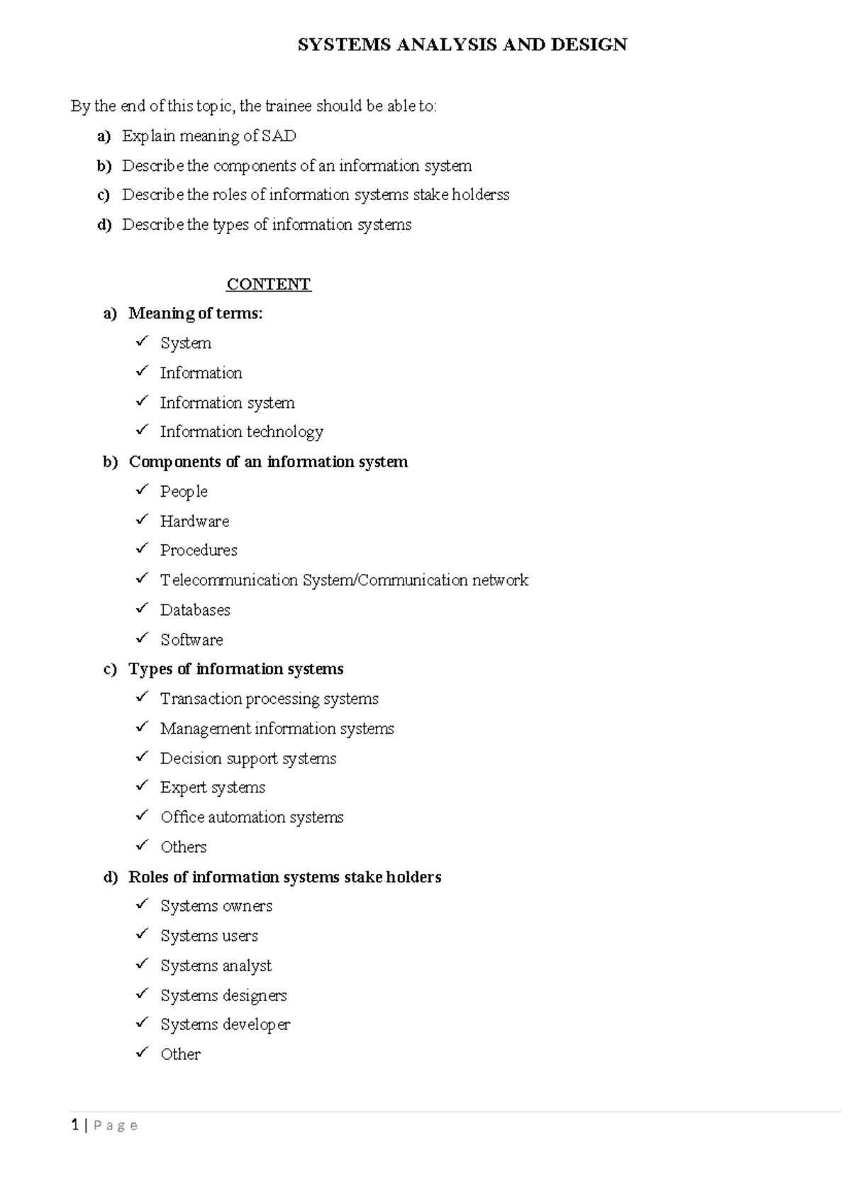 SAD 101 - Introduction to Systems Analysis and Design Concepts - Studocu