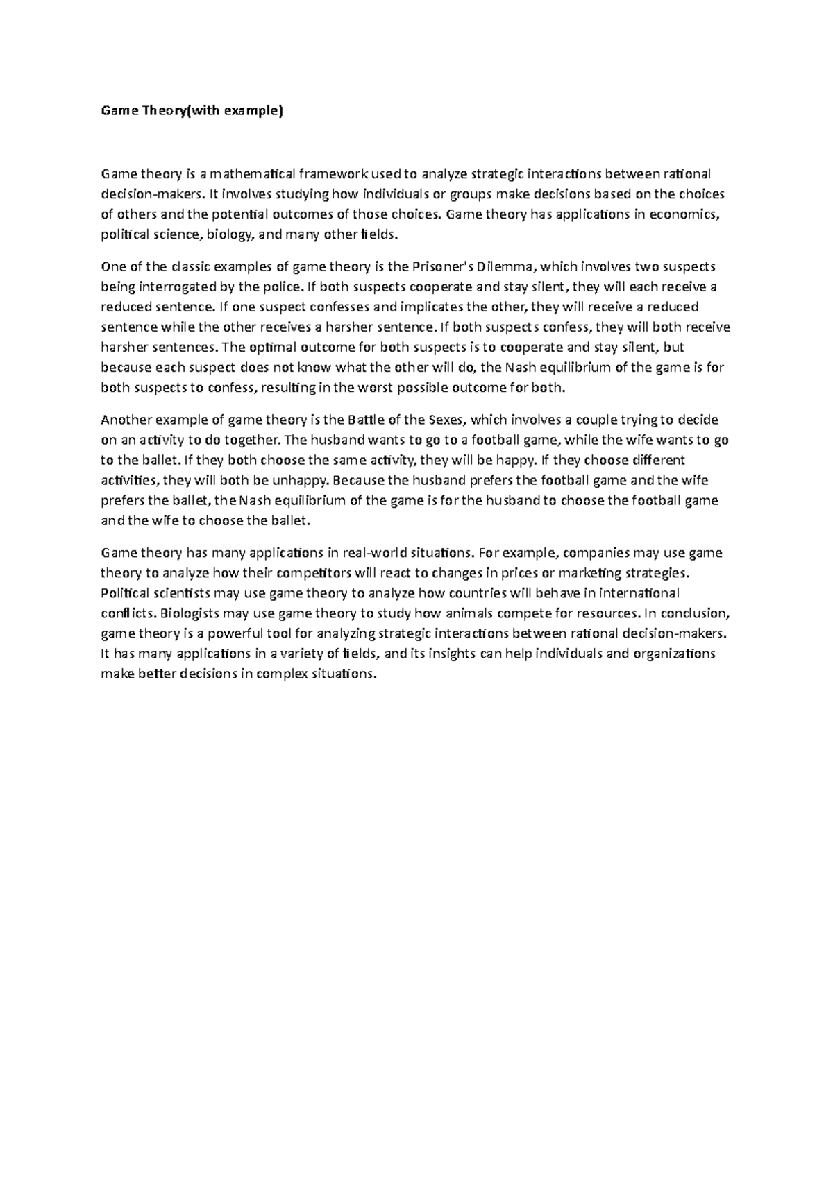 Game Theory essay with examples - Game Theory(with example) Game theory ...