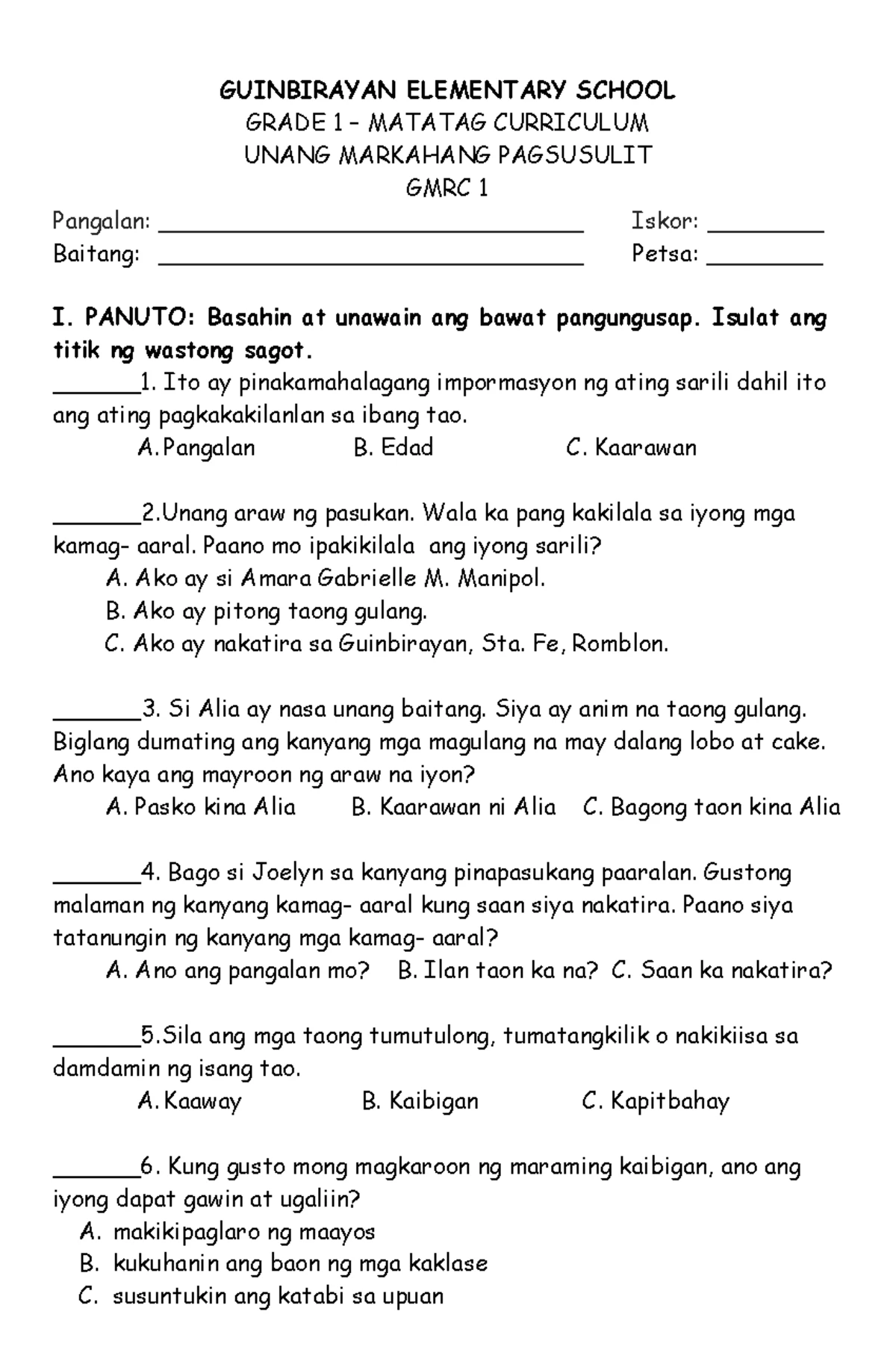 GMRC 1 - Unang Markahang Pagsusulit sa Matatag Curriculum - Studocu