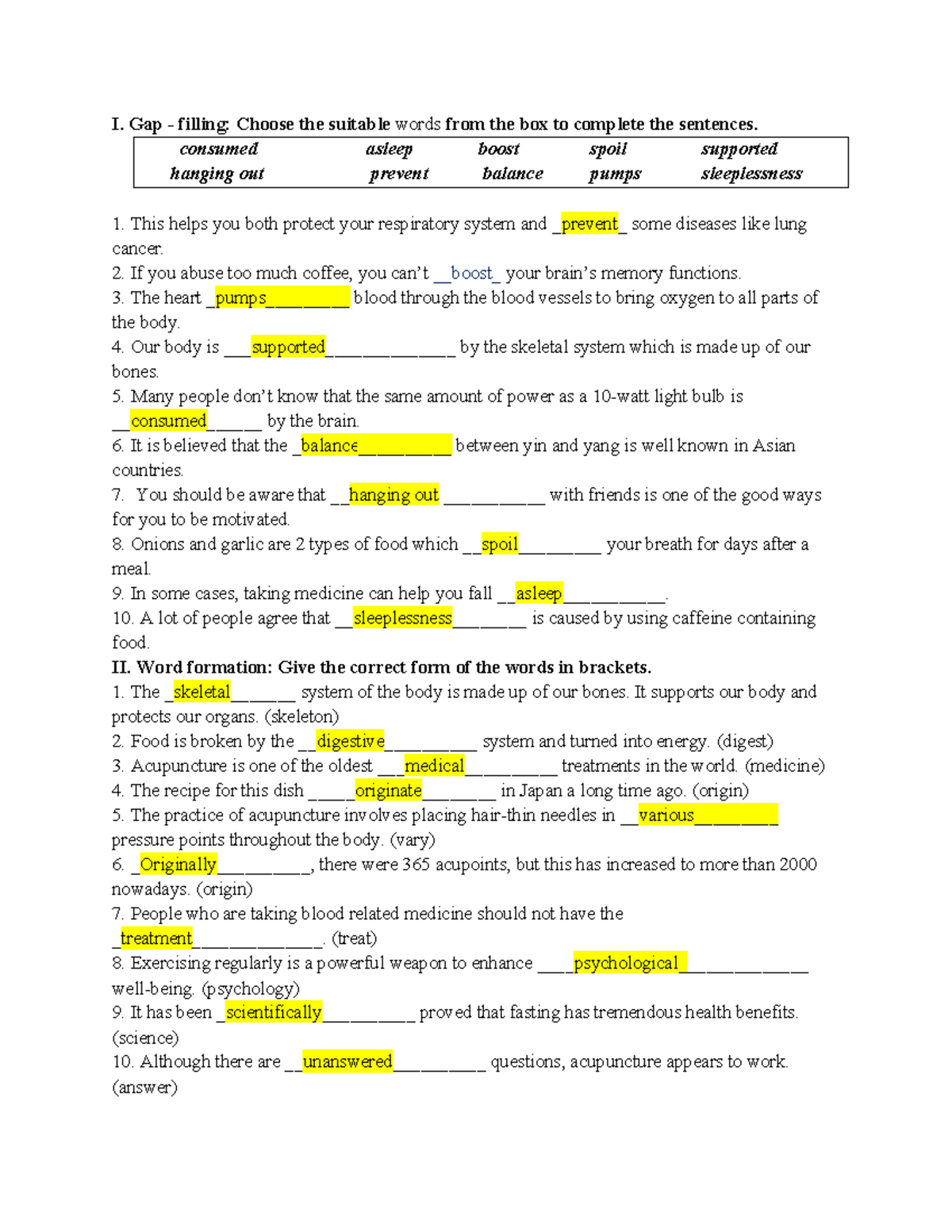 BÀI TẬP ÔN TẬP UNIT 2 10M1: Gap Filling & Word Formation Exercises ...