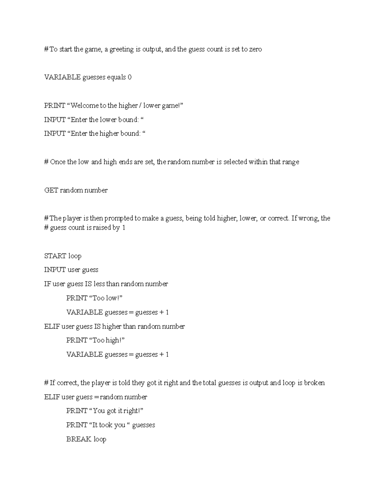 IT 140 Pseudocode: Number Guessing Game Logic - Studocu