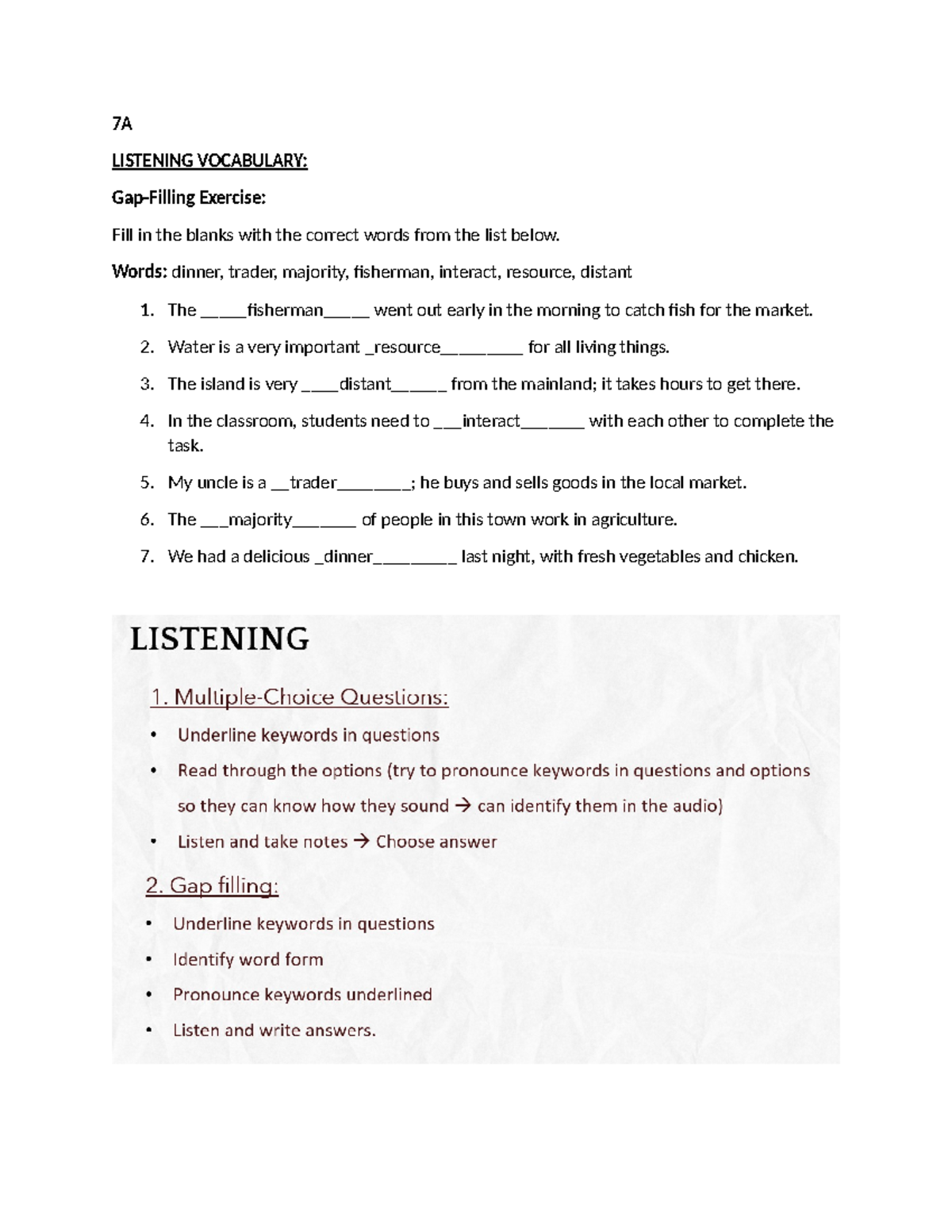 7A Listening Vocabulary - B1 Level Gap-Filling Exercise - Studocu