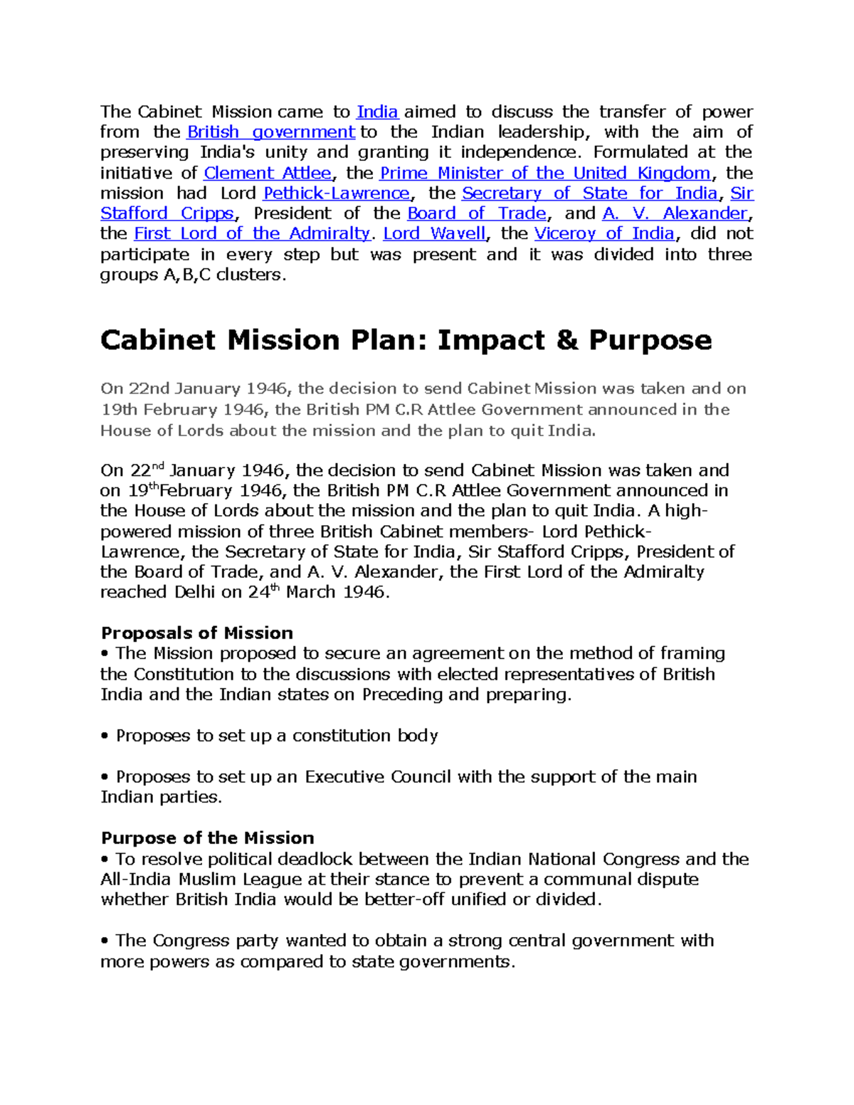Cabinet Mission Plan: Analyzing Purpose, Impact & Recommendations - Studocu