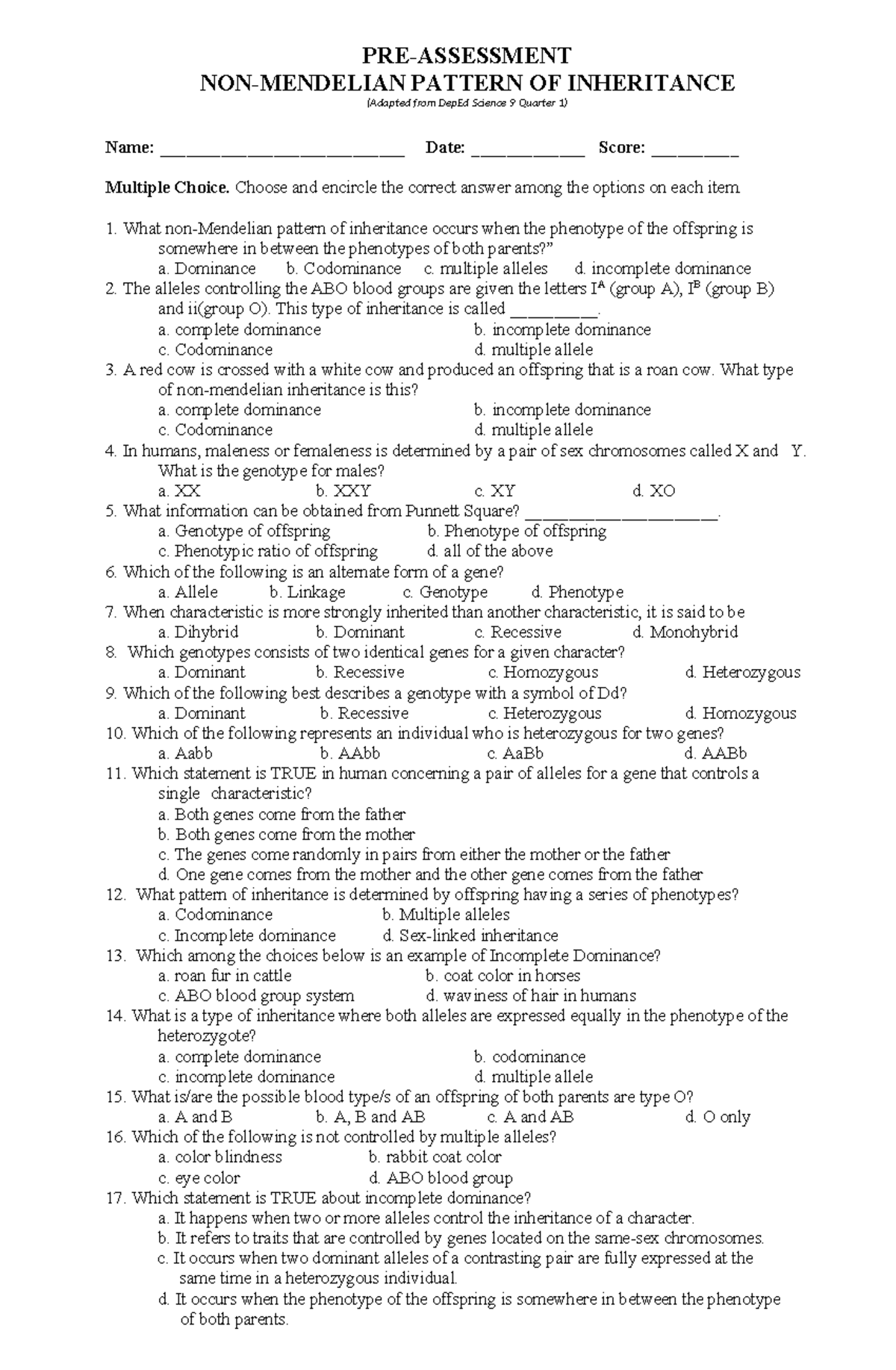 Pretest in Science 9: Patterns of Inheritance Quiz - Studocu