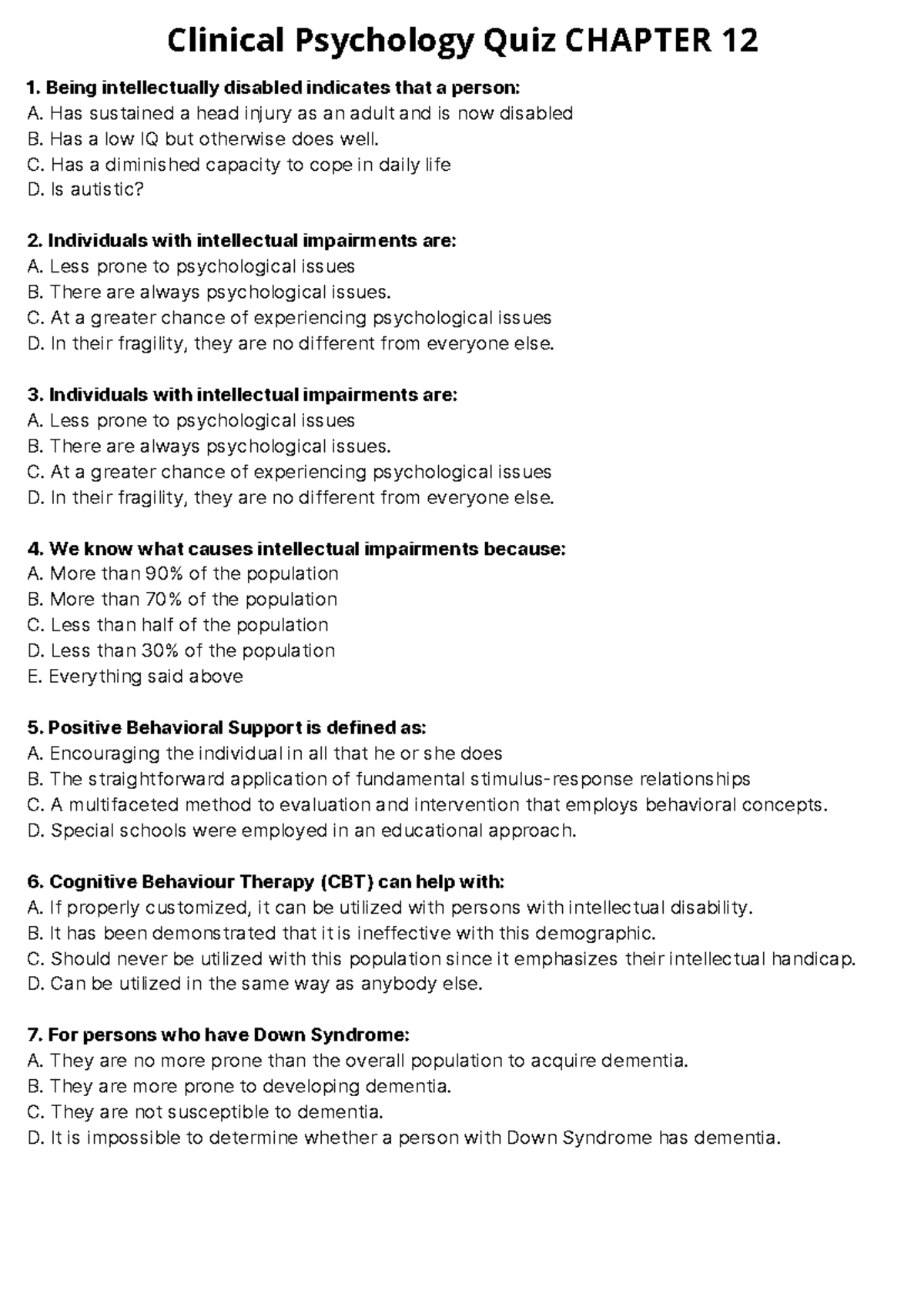 Clinical Psychology Quiz: Key Concepts from Chapter 12 - Studocu