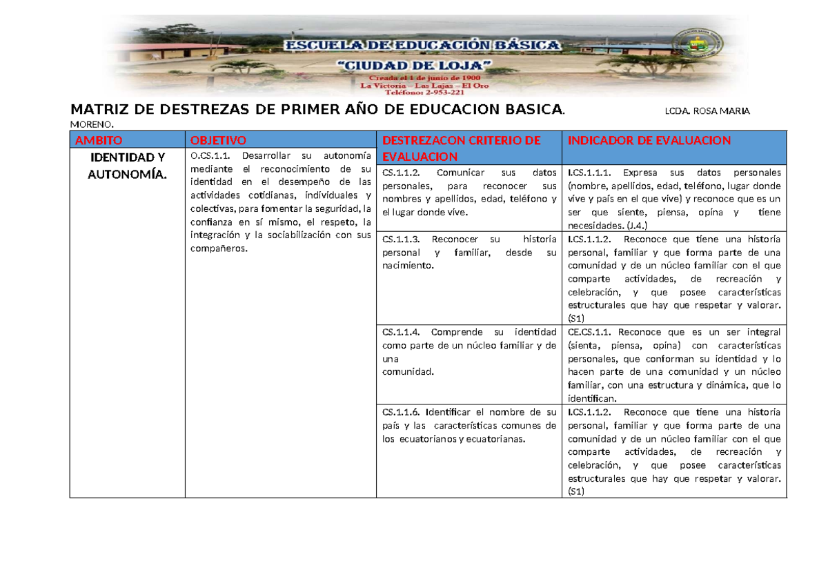 MATRIZ DE DESTREZAS DE PRIMER AÑO DE EDUCACIÓN BÁSICA - MORENO - Studocu