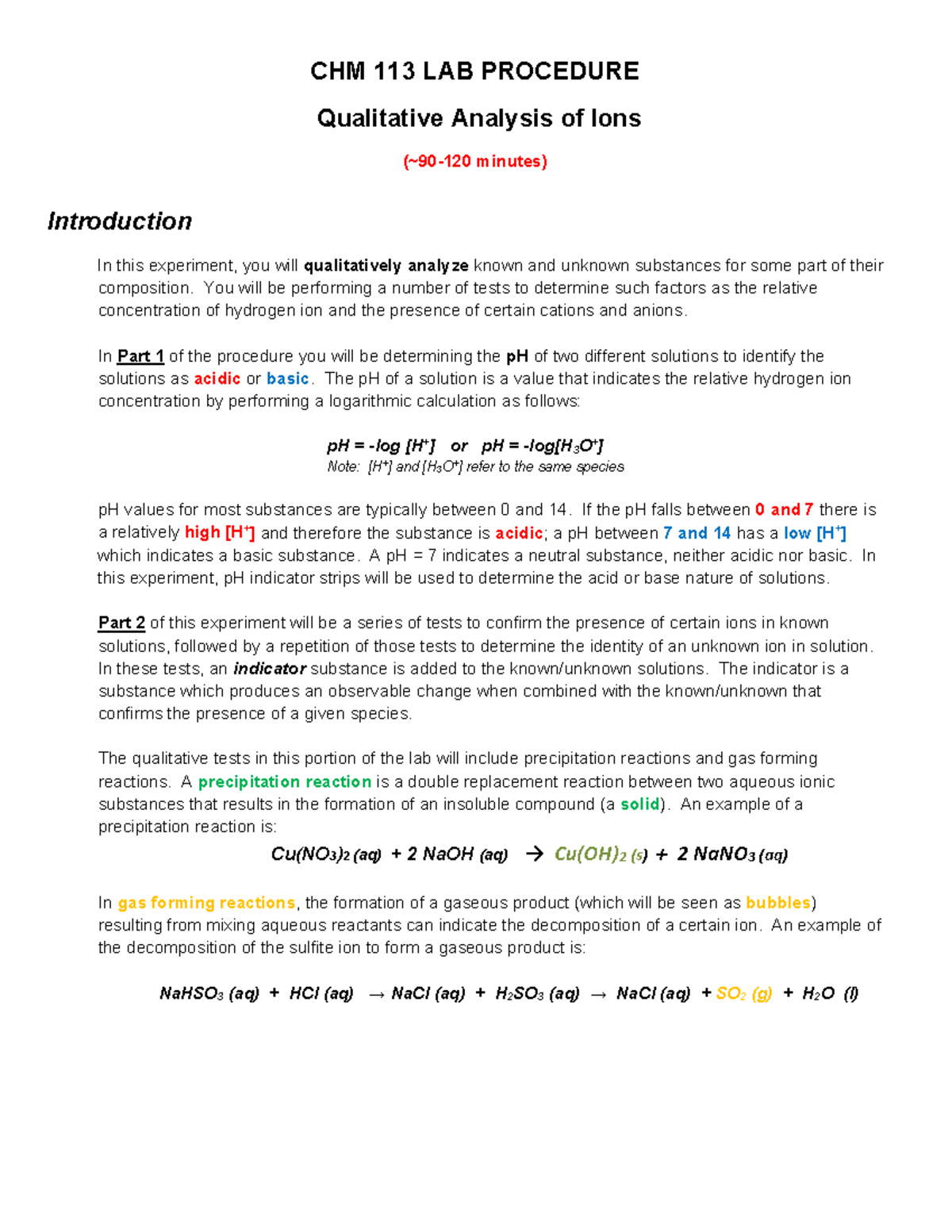 CHM 113 Lab Procedure: Qualitative Analysis of Ions (Spring 2025) - Studocu