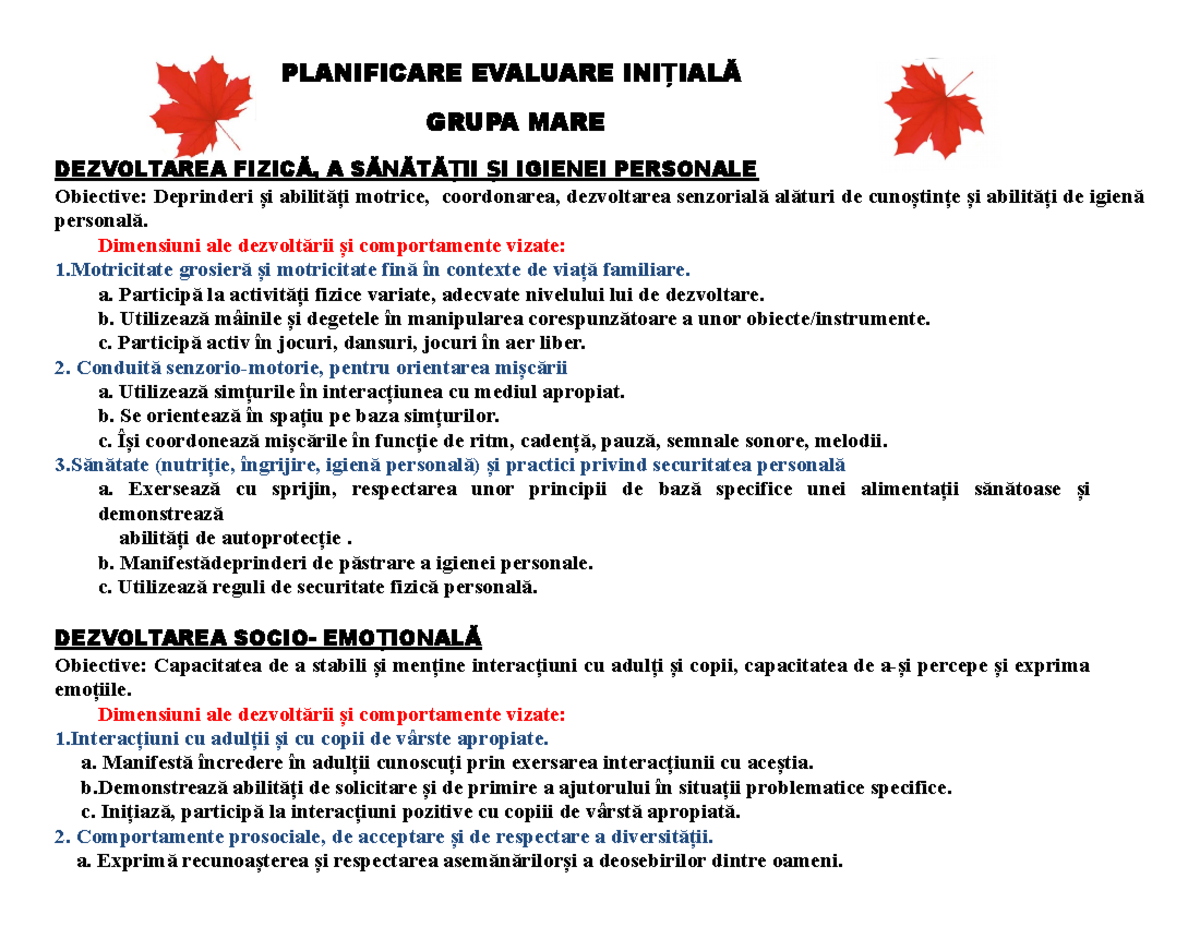 Evaluare Initiala Grupa Mare Noul Curriculumi - Infoupdate.org