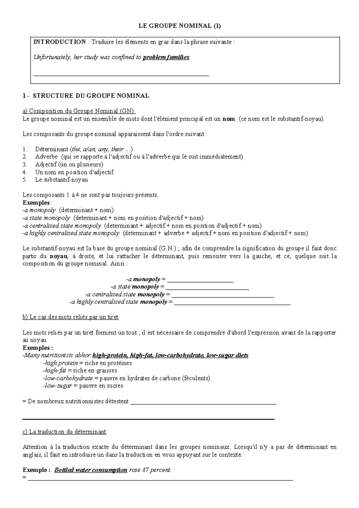 S2 - LE GROUPE NOMINAL : Structure et Traduction des Groupes Nominaux ...