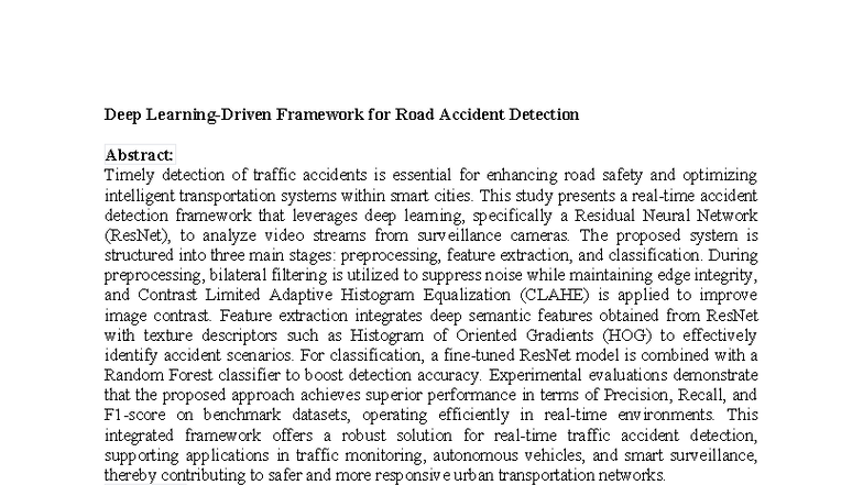 Deep Learning Framework for Traffic Accident Detection (CS 101) - Studocu