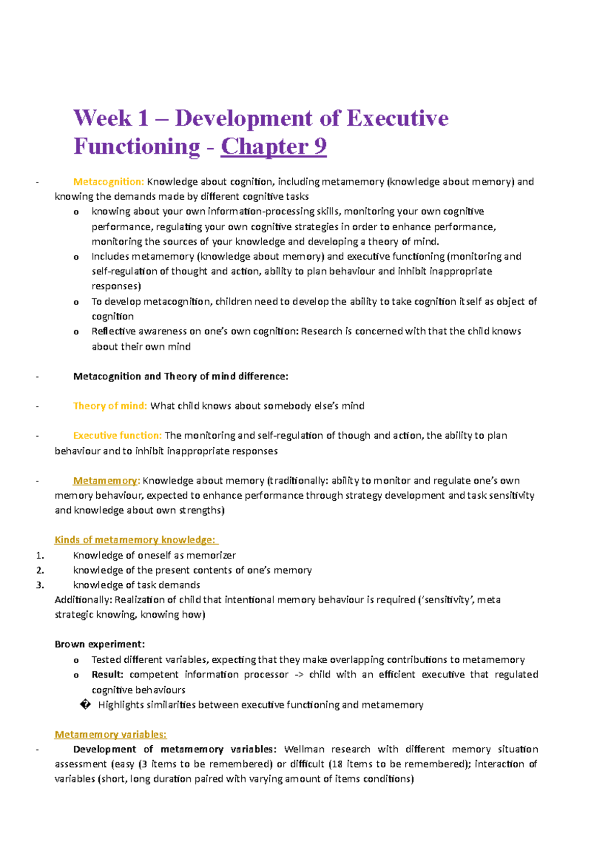 School Psy - Exec. Functioning & Metacognition Summary (Week 1 ...