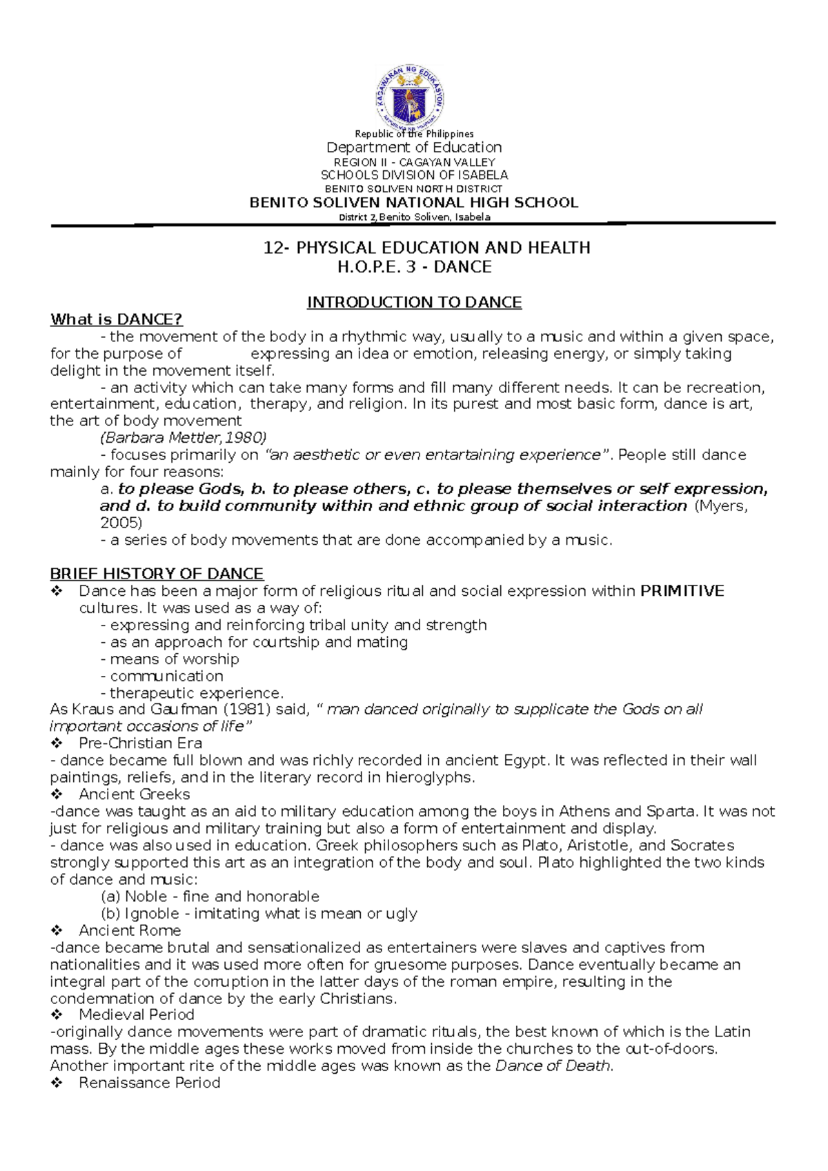H.O.P.E. 3 - Dance Introduction and Its Historical Elements Handout ...
