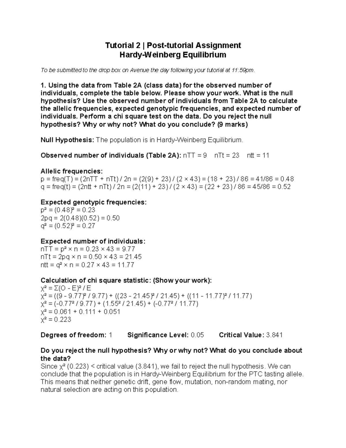 Hardy-Weinberg Assignment: Equilibrium Analysis and Chi-Square Test ...