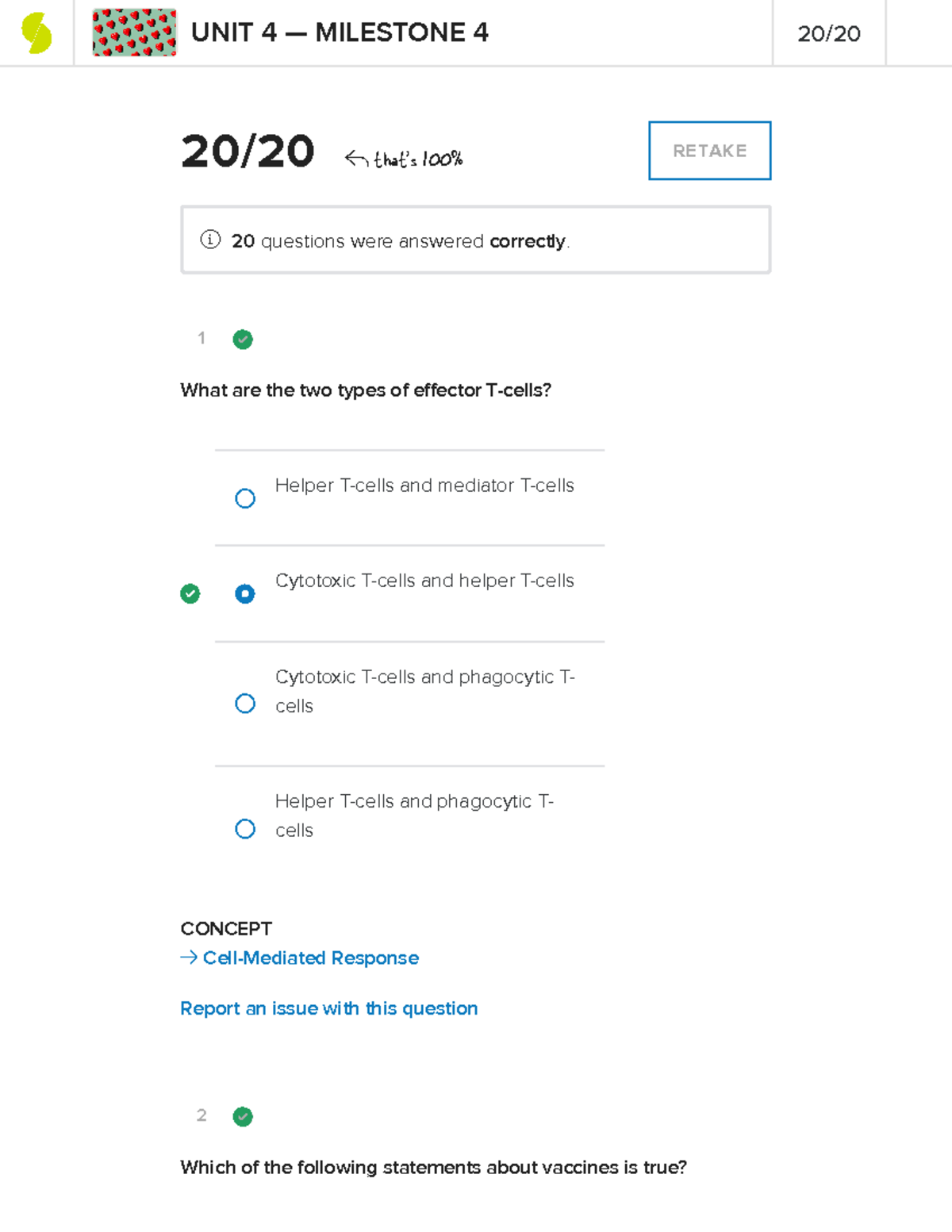 Milestone 4 human Biology - 1 CONCEPT → Cell-Mediated Response 2 20/20 ...