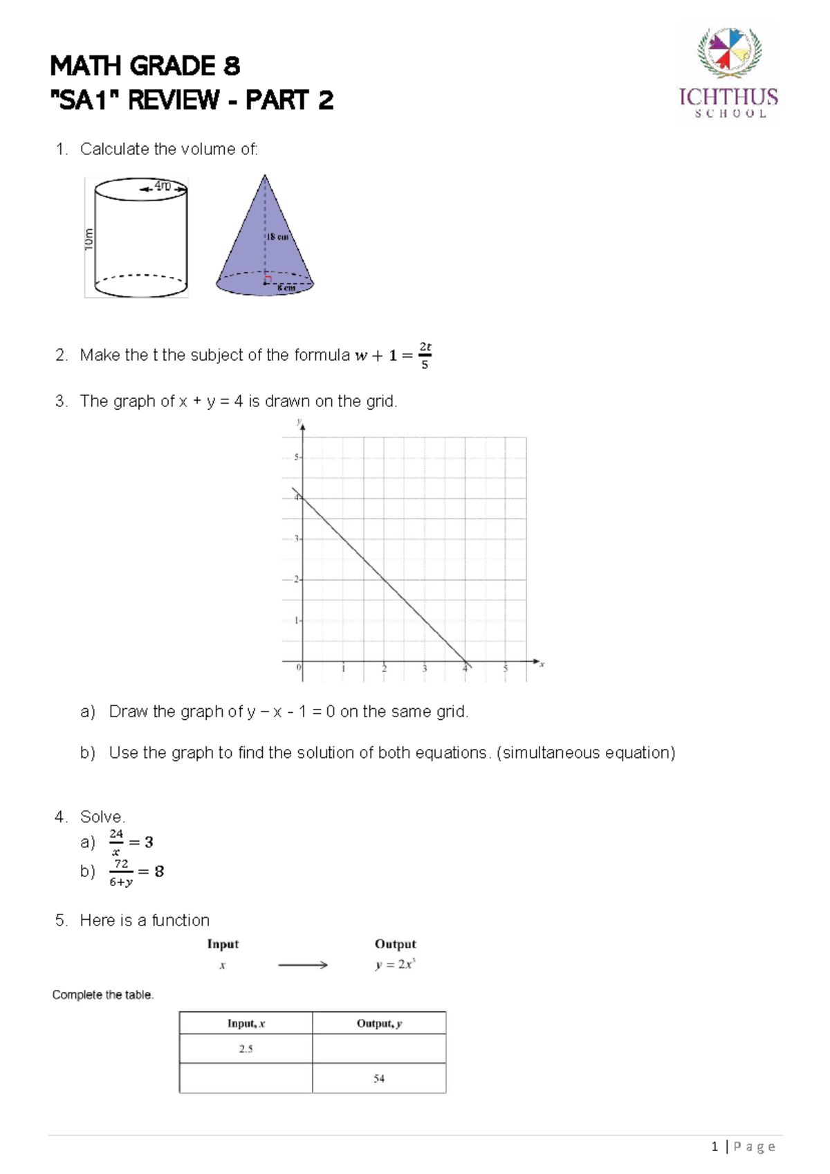 MATH G8 REVIEW SA1: Volume, Graphs, Inequalities & Functions - Studocu