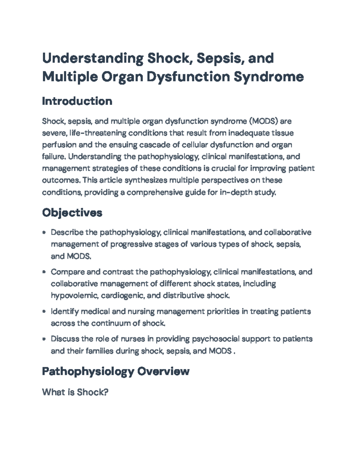 Comprehensive Overview of Shock, Sepsis, and MODS Management Strategies ...