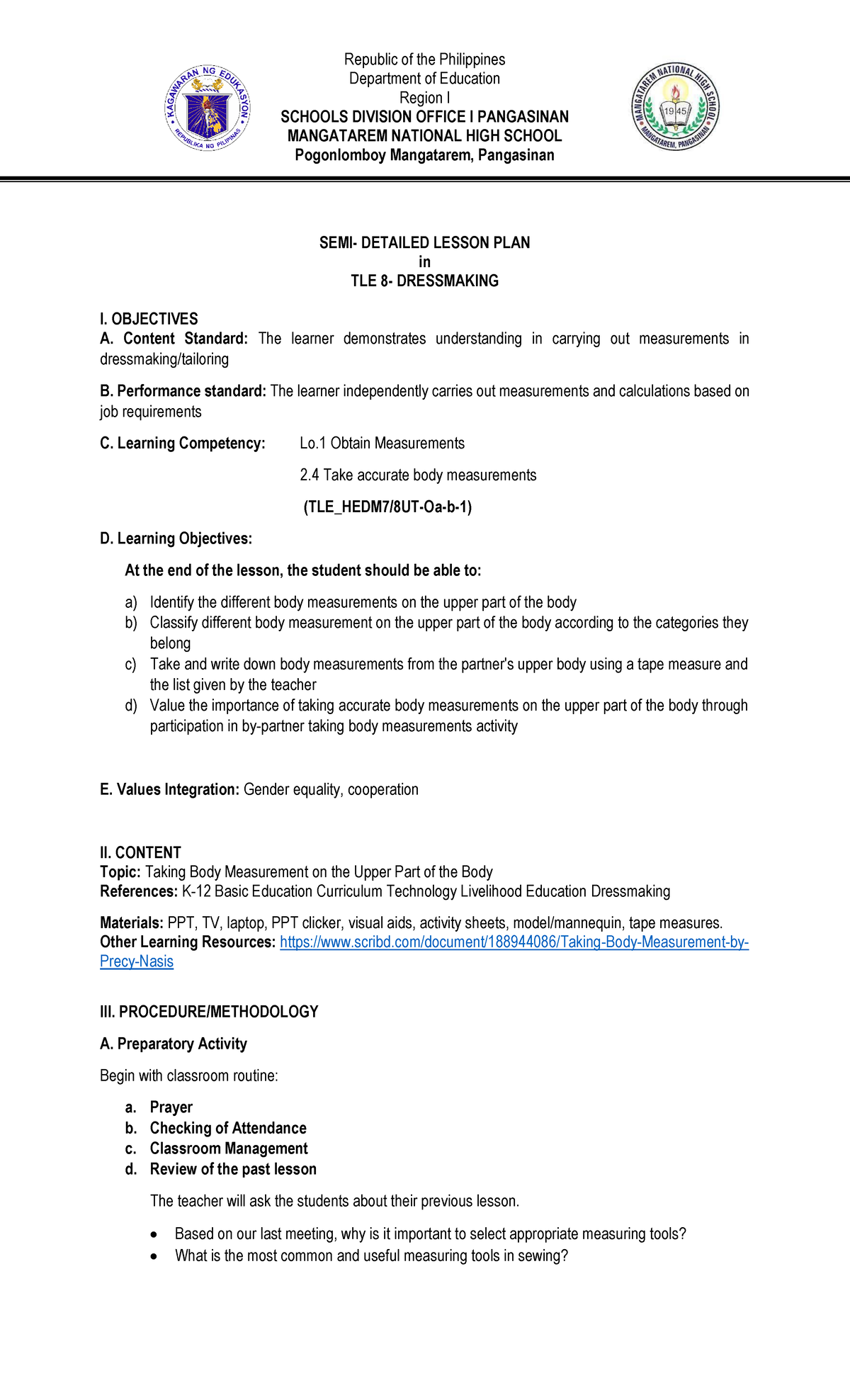 TLE 8 - Detailed Lesson Plan on Taking Body Measurements - Studocu