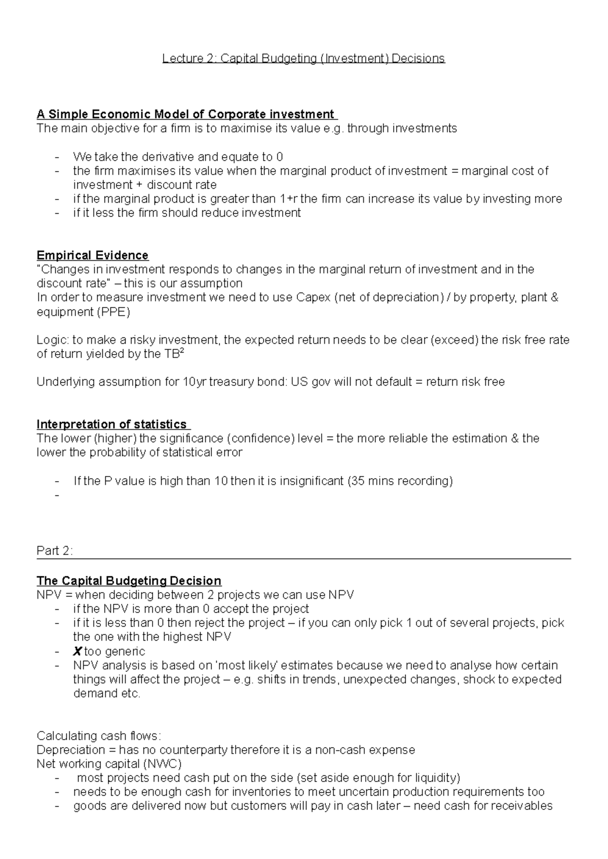 Lecture 2: Capital Budgeting & Investment Decisions Analysis - Studocu