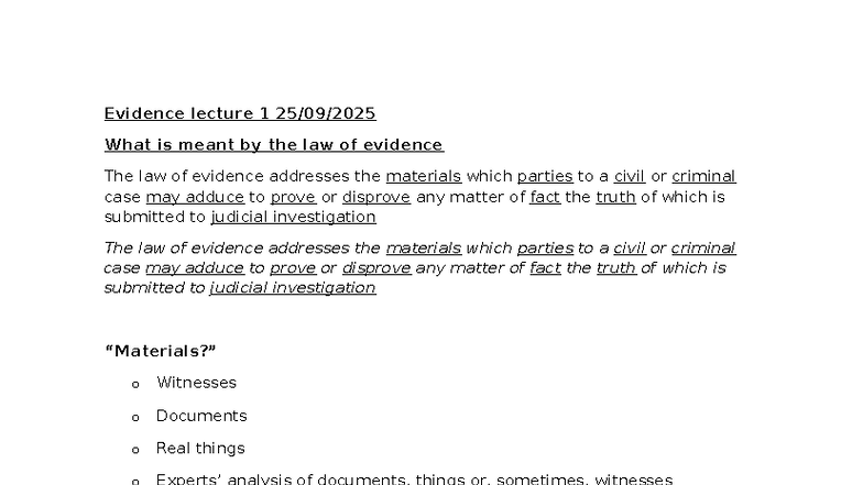 Evidence Lecture 1: Understanding the Law of Evidence (250925) - Studocu