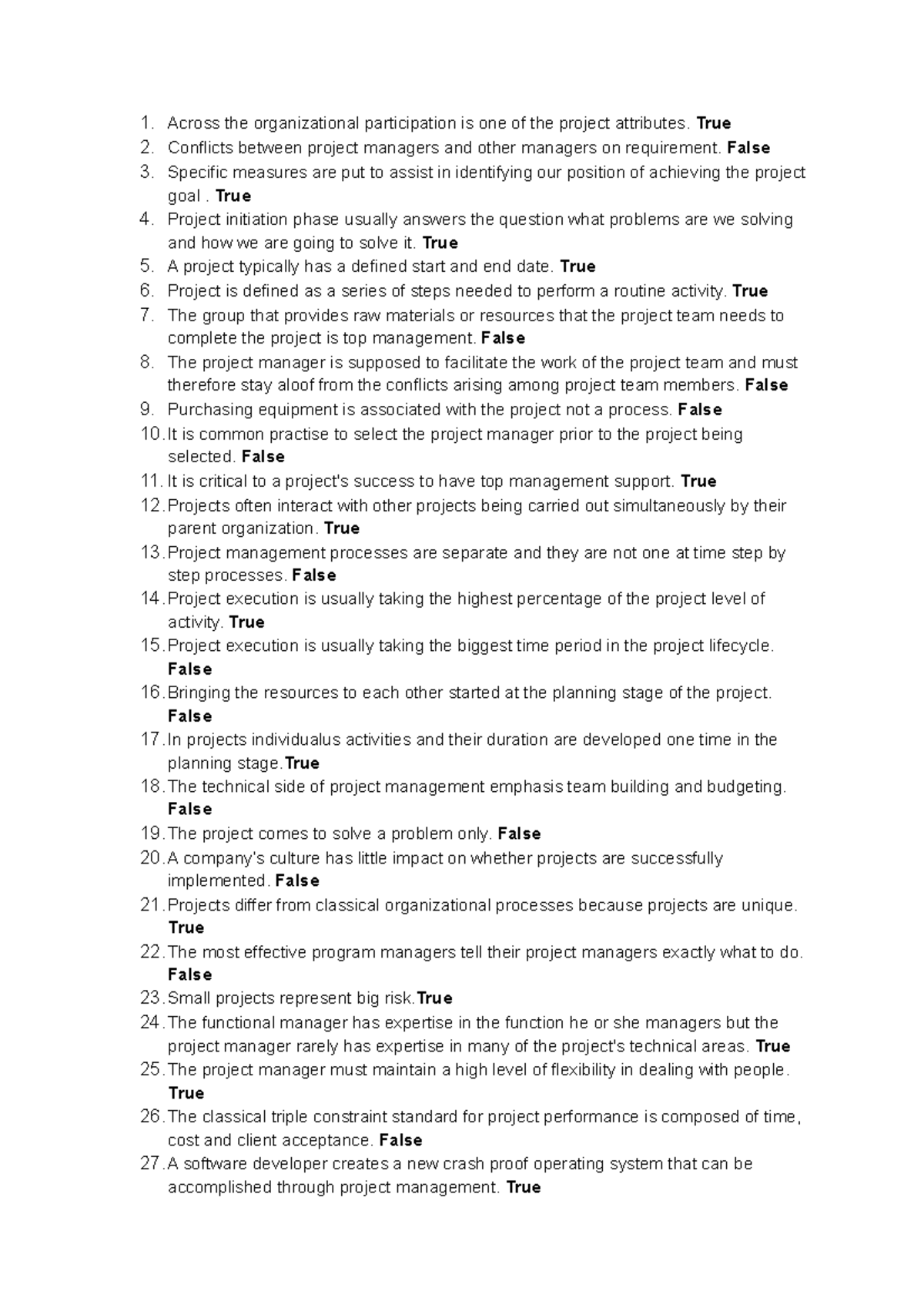 Project management Chapter 1,2 and 3 Quiz Questions - 1. Across the ...