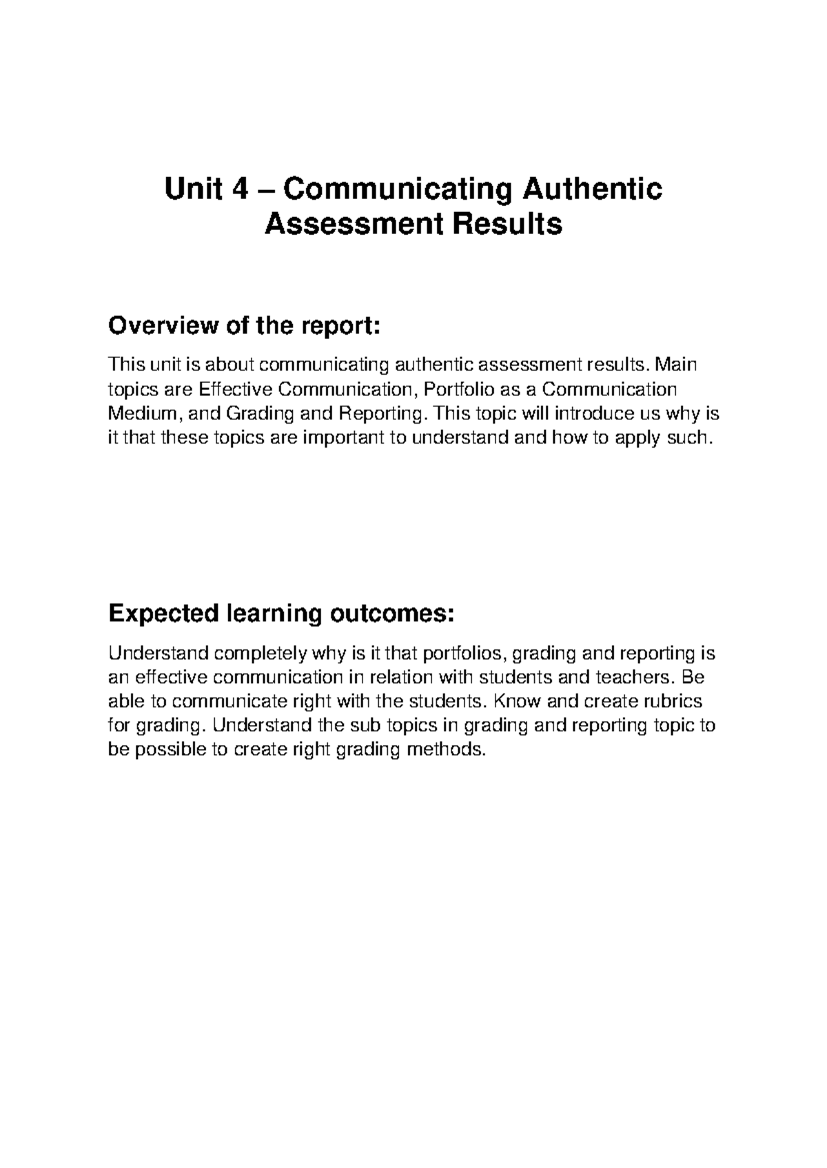 UNIT 4 Communicating Authentic Assessment Results: Key Insights - Studocu