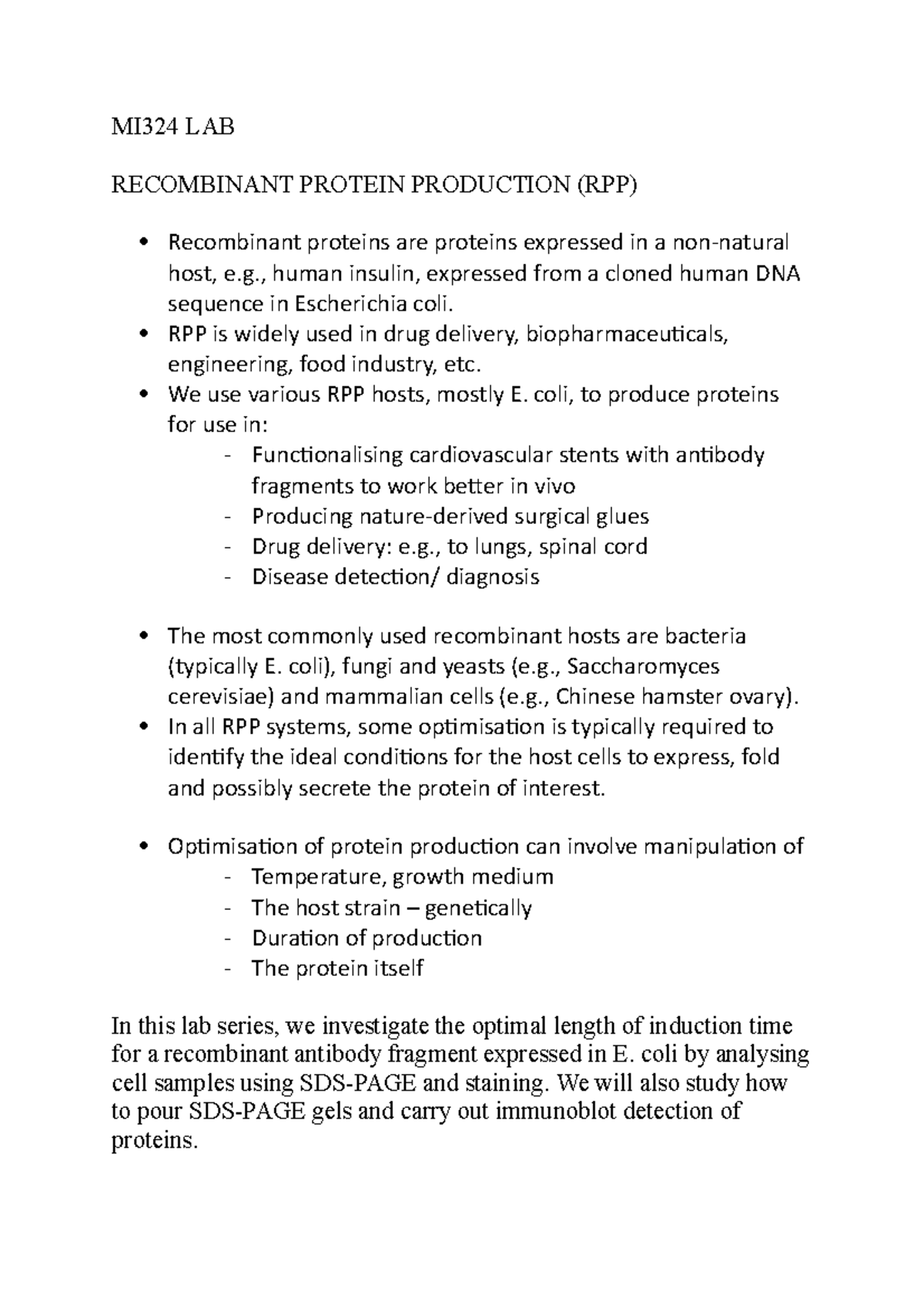 MI324 LAB - micro - MI324 LAB RECOMBINANT PROTEIN PRODUCTION (RPP) Recombinant proteins are ...
