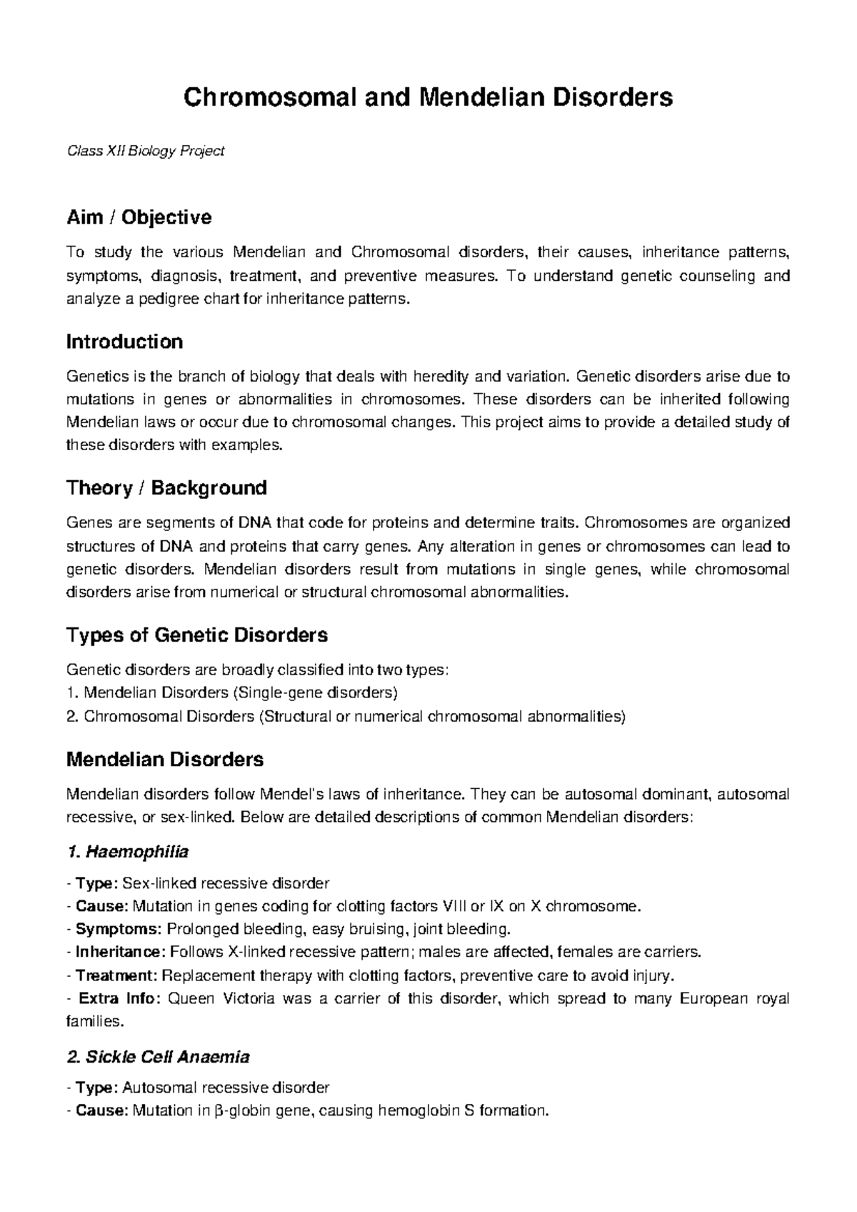 Chromosomal & Mendelian Disorders Project - Class XII Biology - Studocu