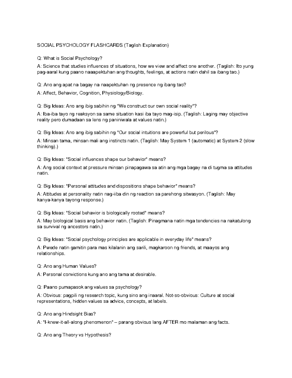 SOCIAL PSYCHOLOGY FLASHCARDS (Taglish Explanation) - Studocu