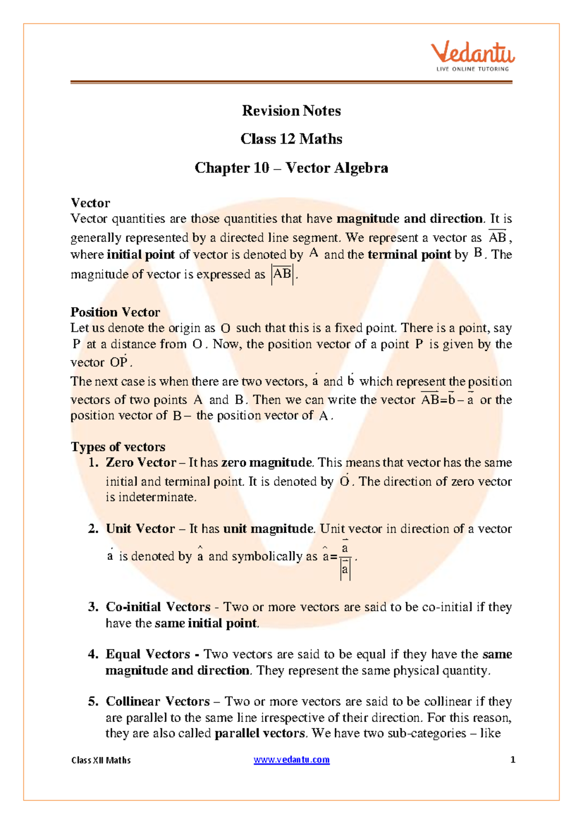 CBSE Class 12 Maths Revision Notes: Chapter 10 - Vector Algebra - Studocu