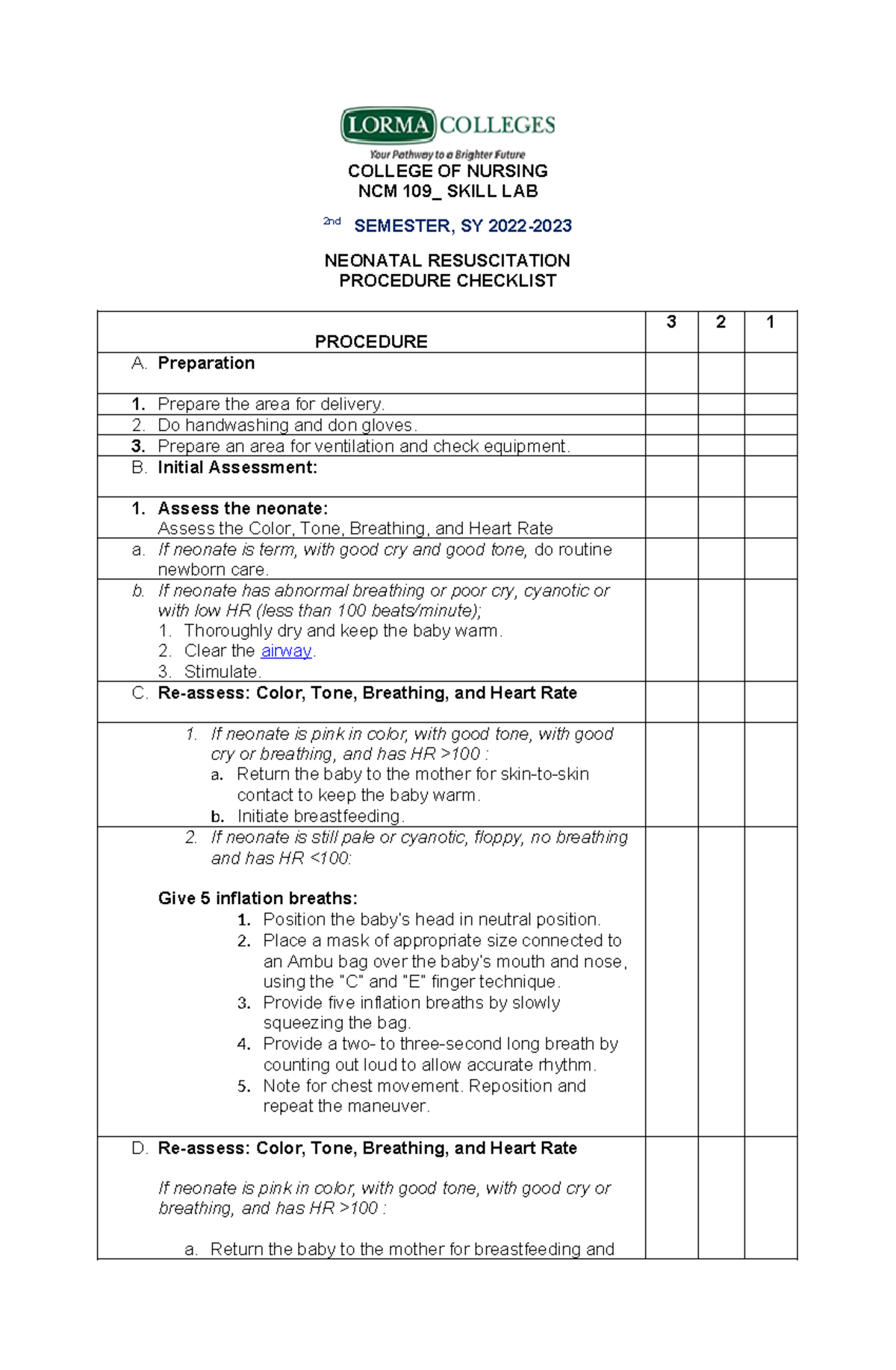 Infant-CPR- Checklist-2022 2023 - COLLEGE OF NURSING NCM 109_ SKILL LAB ...