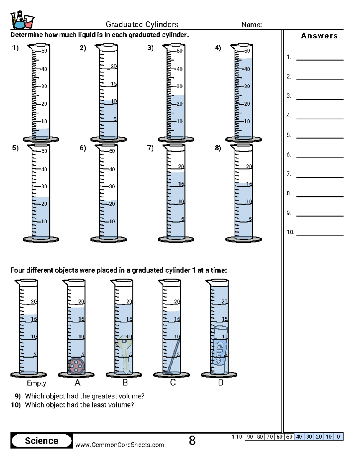 Graduated Cylinders Answer Key: Science 8 Liquid Volume Measurements ...