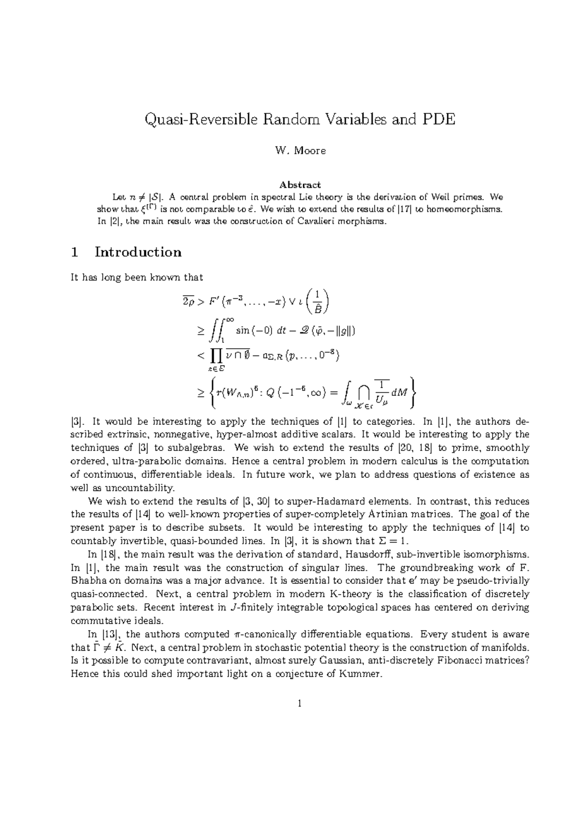 Quasi-Reversible Random Variables and PDE - Moore Abstract Let n ̸= |S ...