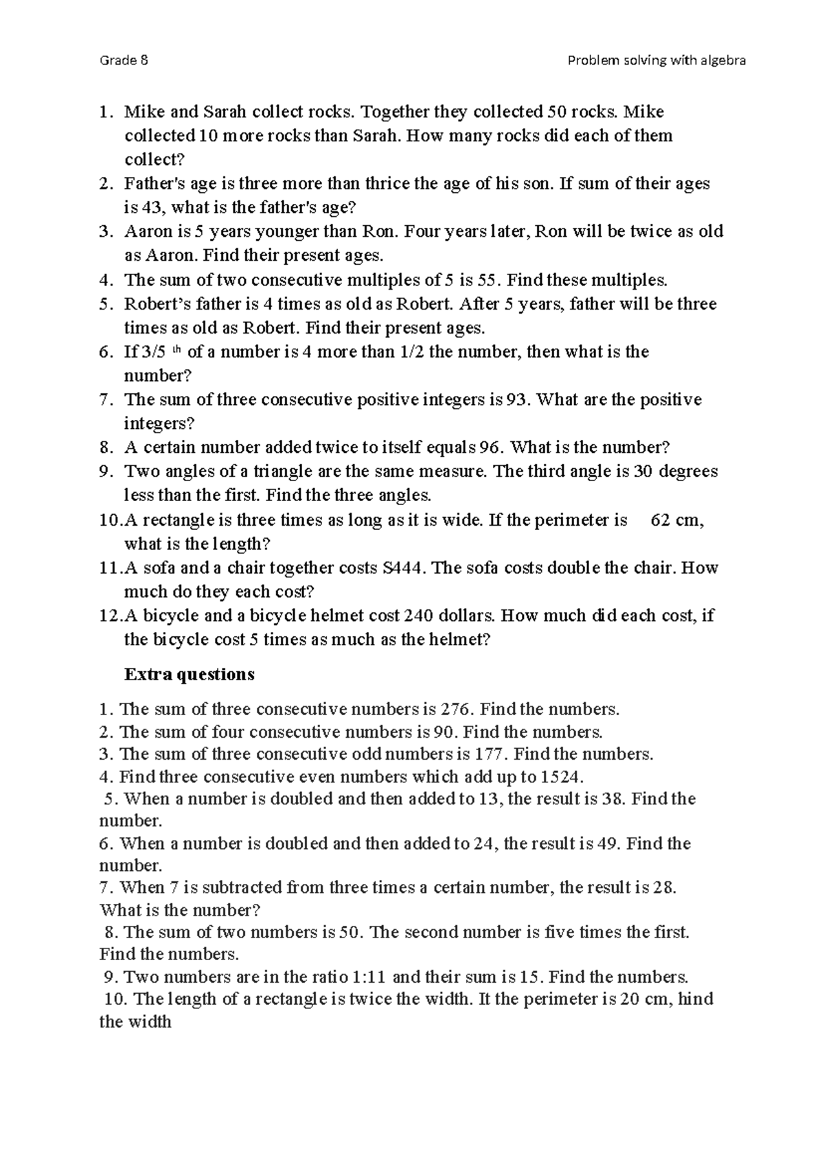 Grade 8 Algebra 1: Linear Equations Word Problems - Studocu