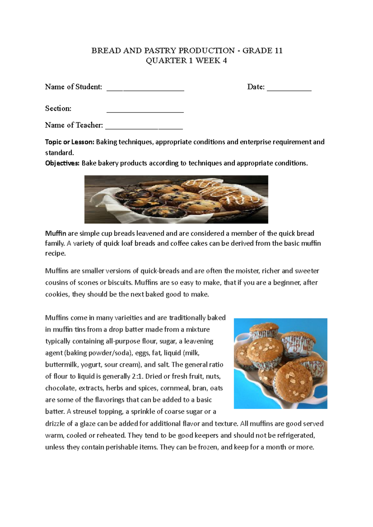 Bread and Pastry Week 4: Exploring Muffin Techniques (Grade 11) - Studocu