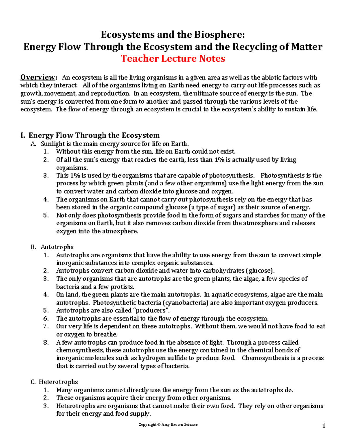 Energy Flow and Matter Recycling Teacher Notes - Ecosystems and the ...