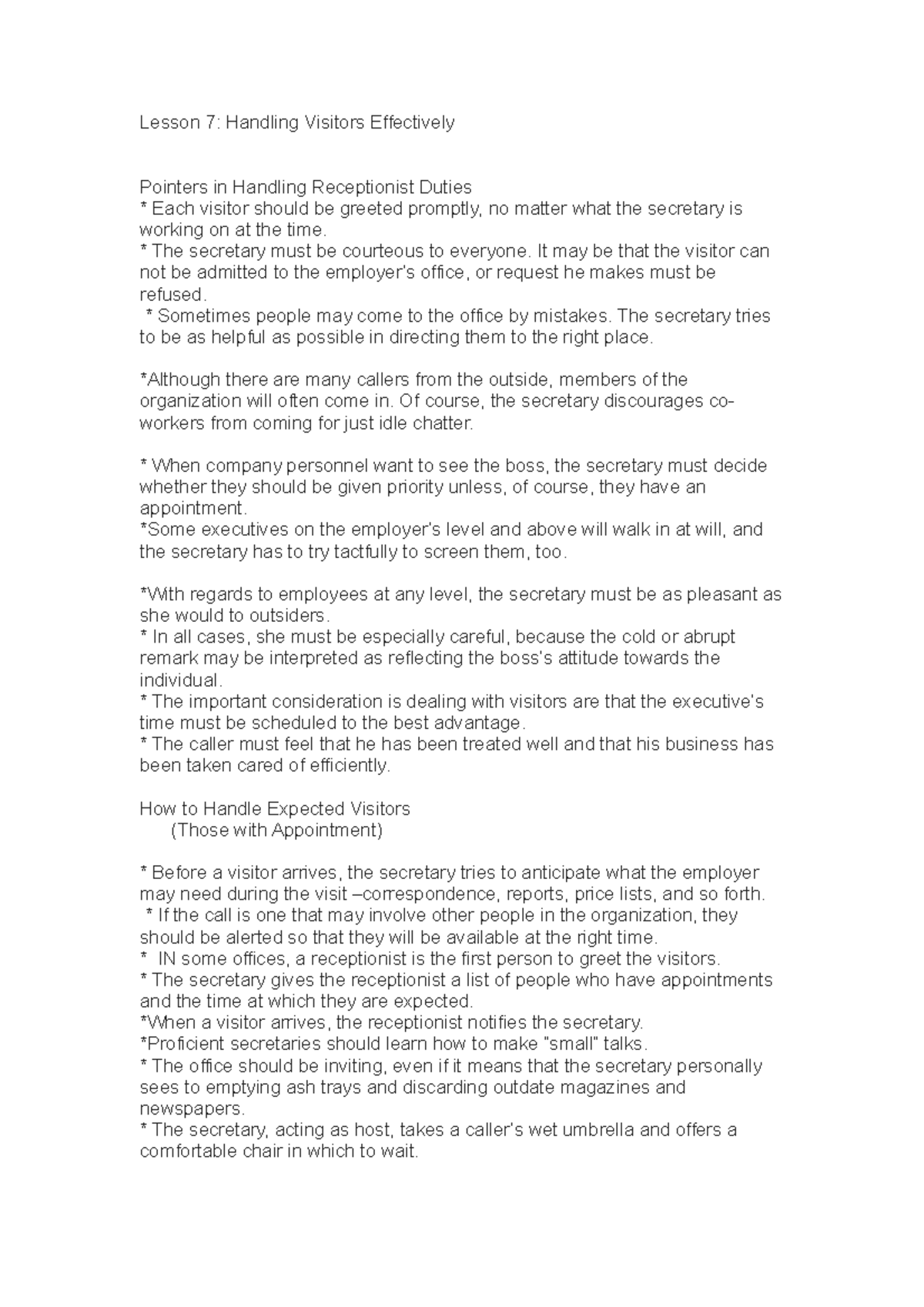 Lesson 7 handling visitors - Lesson 7: Handling Visitors Effectively ...