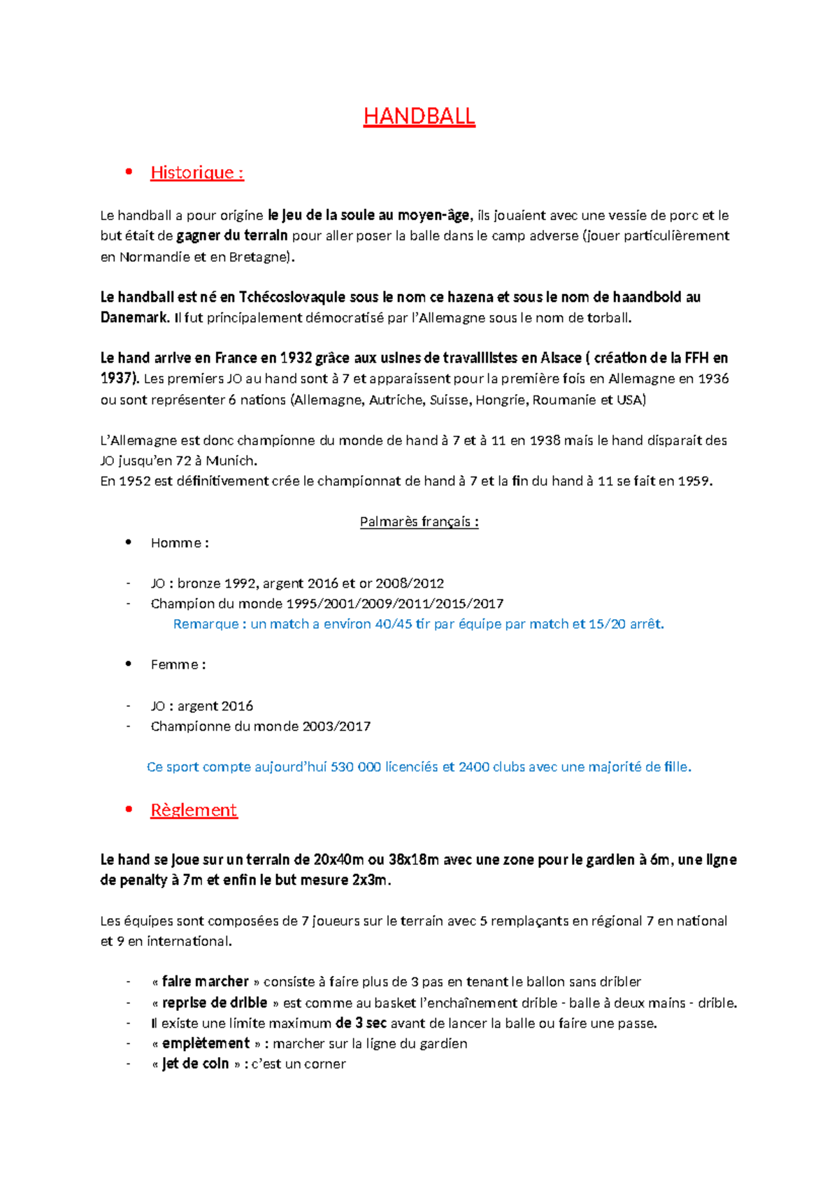 Handball - cours polyvalence - HANDBALL Historique : Le handball a pour ...