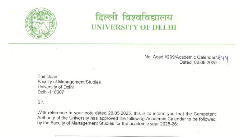 Academic Calendar 2025-2026 for FMS, University of Delhi - Studocu