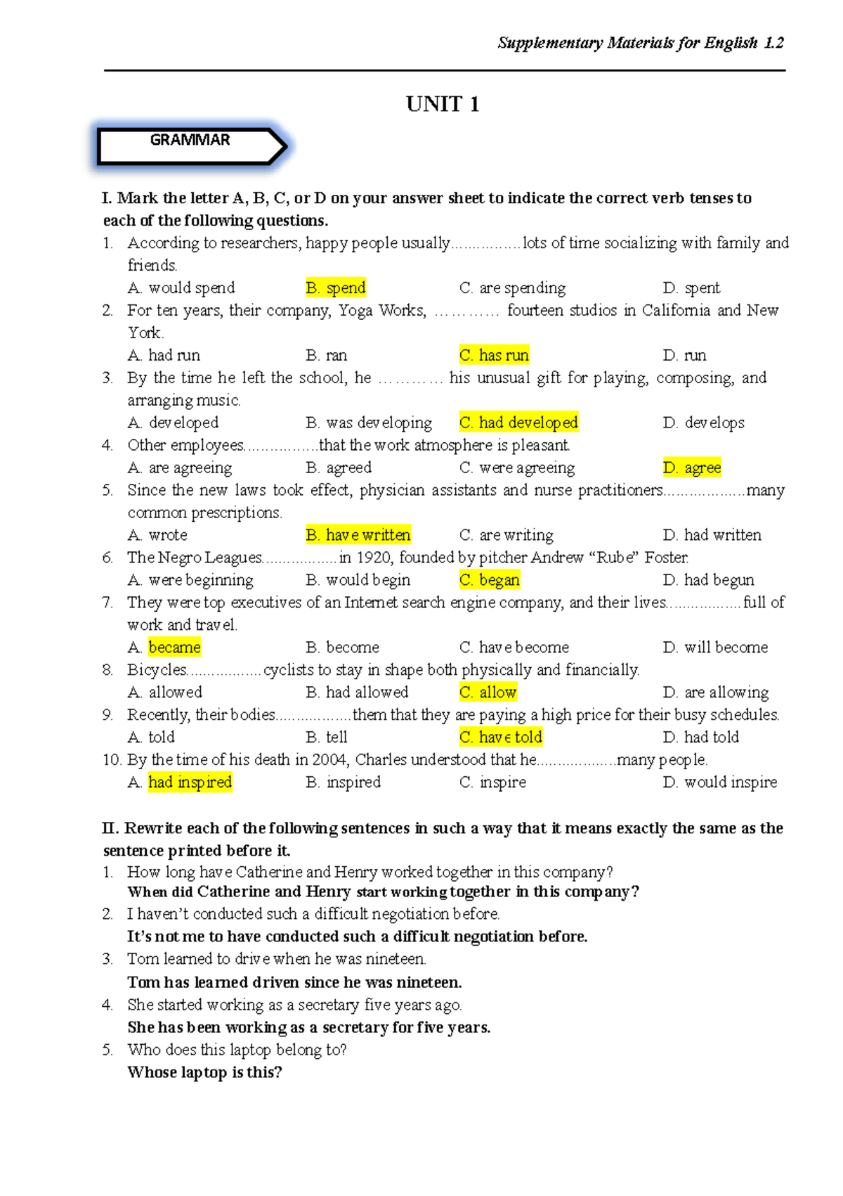 UNIT 1 practice materials - Supplementary Materials for English 1 ...