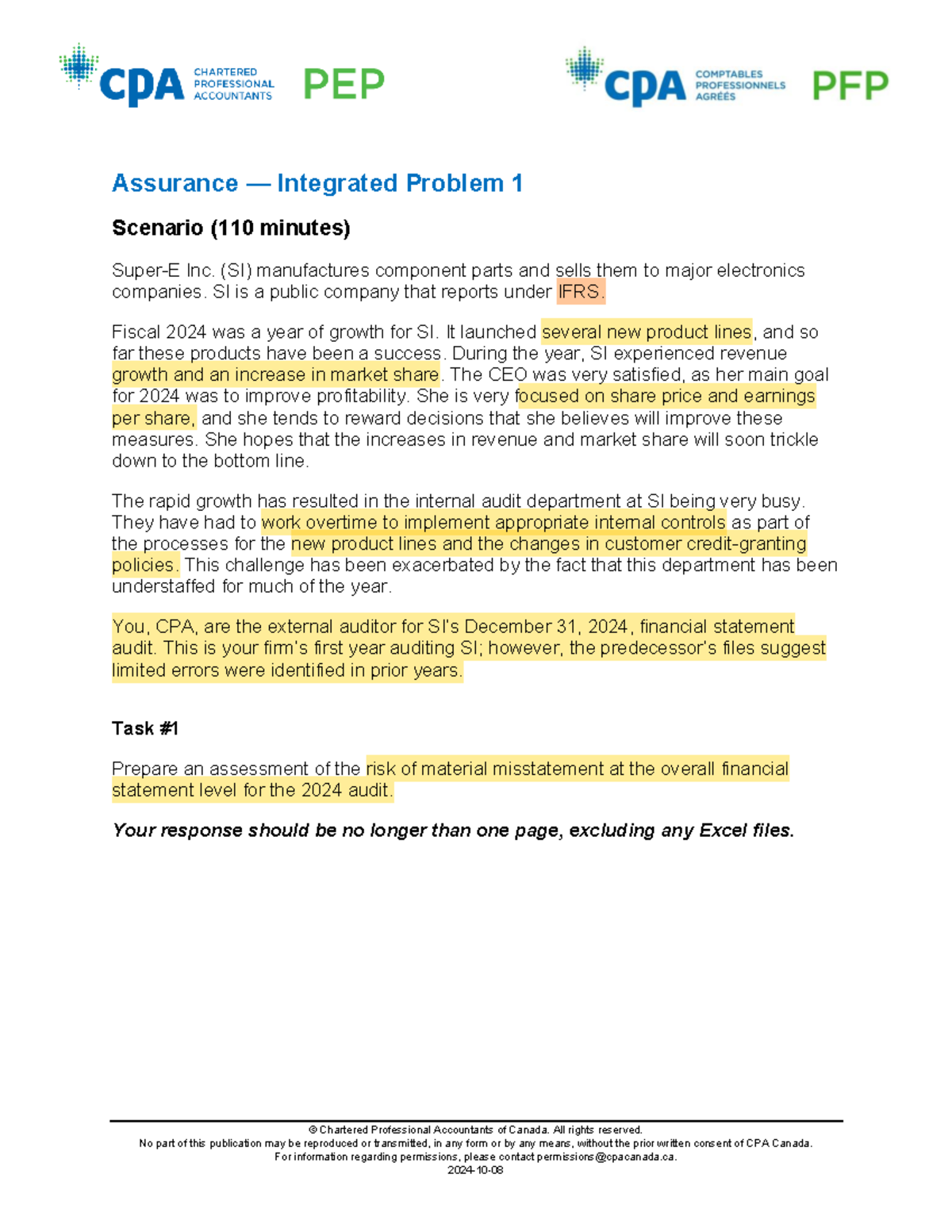 Assurance Integrated Problem 1: Risk Assessment & Accounting Treatment ...