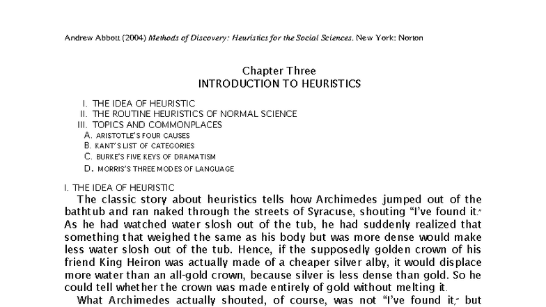 Methods of Discovery: Heuristics in Social Sciences (Abbott, 2004) Chapter 3 - Studocu