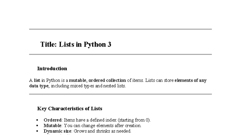 Python 3 - Lists: Key Features and Operations Overview - Studocu