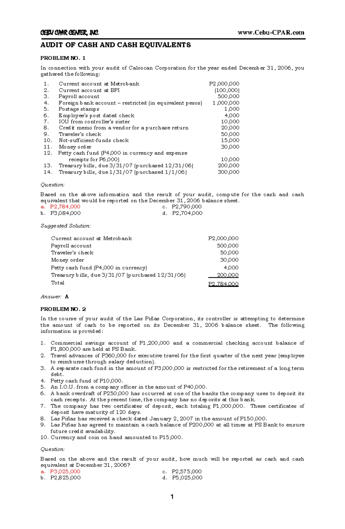 Cash 1 - Audit of Cash - Problem 1 You were able to gather the ...